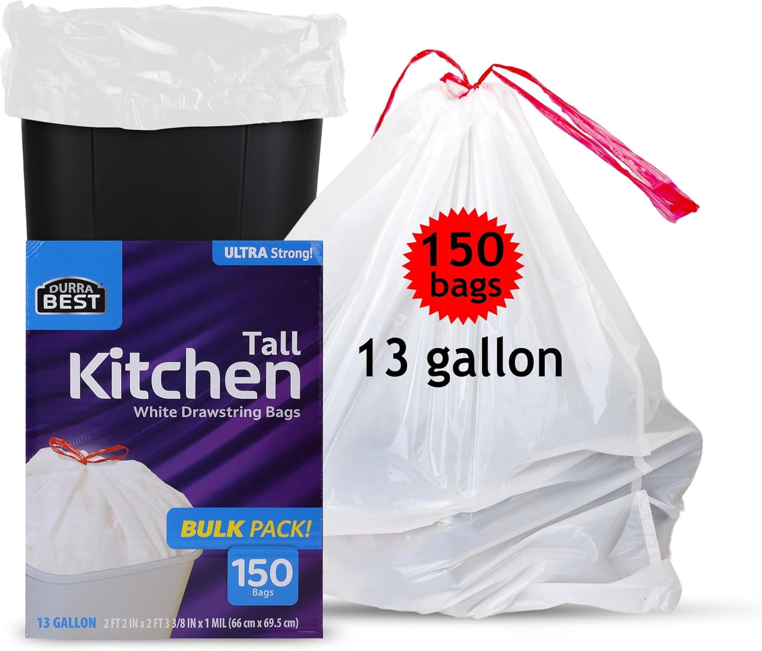 DURRA BEST. Tall Kitchen Drawstring Trash Bags 13 Gallon | 150 Count ...