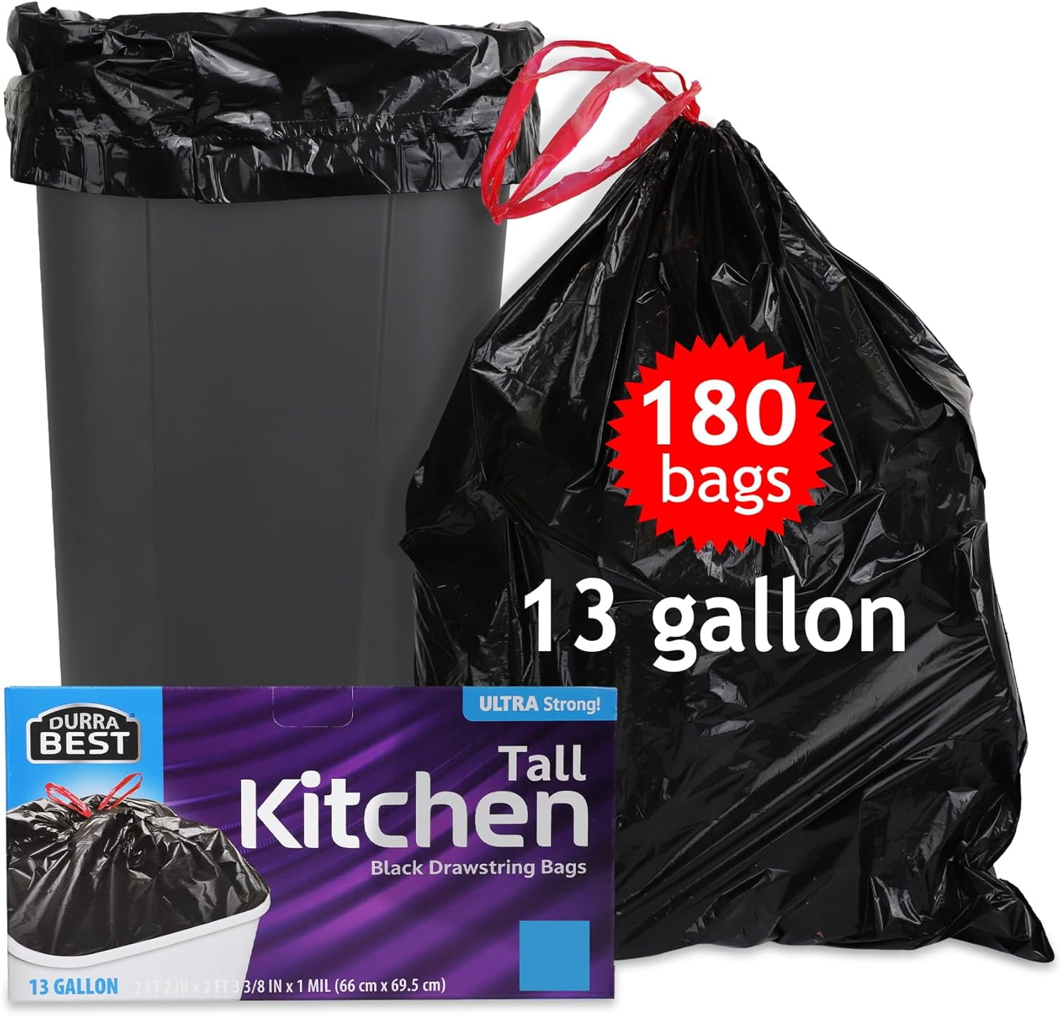 DURRA BEST. Tall Kitchen Drawstring Trash Bags 13 Gallon | 180 Count ...