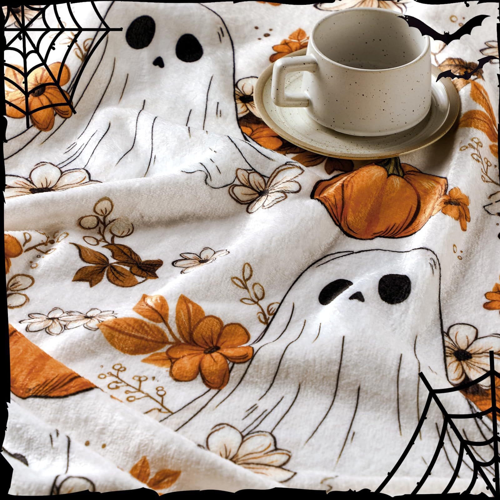 DURUA Cute Bohemian Ghost Halloween Flannel Blanket Autumn Pumpkin Sofa ...