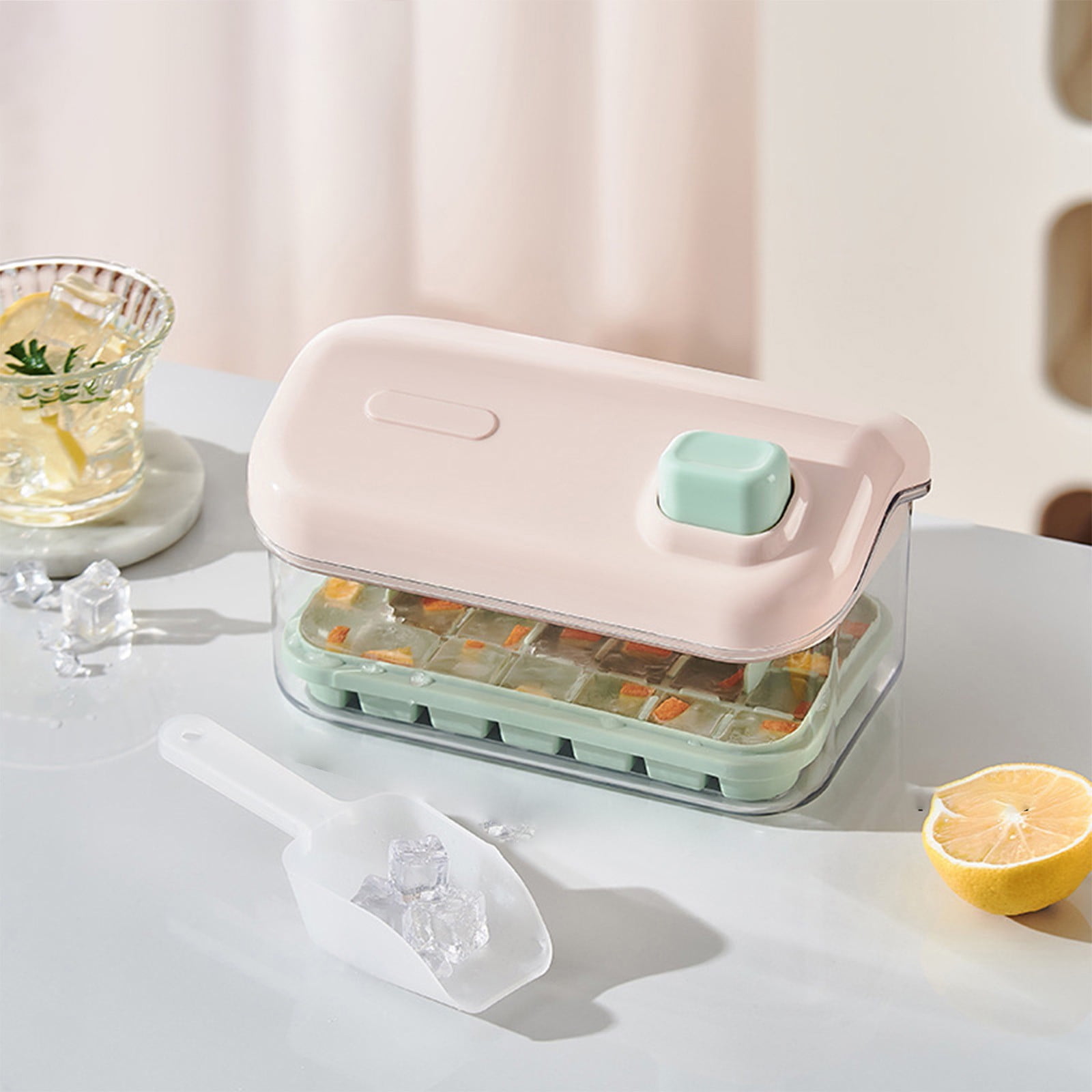 DURUA Ice Cube Tray with Lid and Bin, Press-Type Single Layer Mold ...