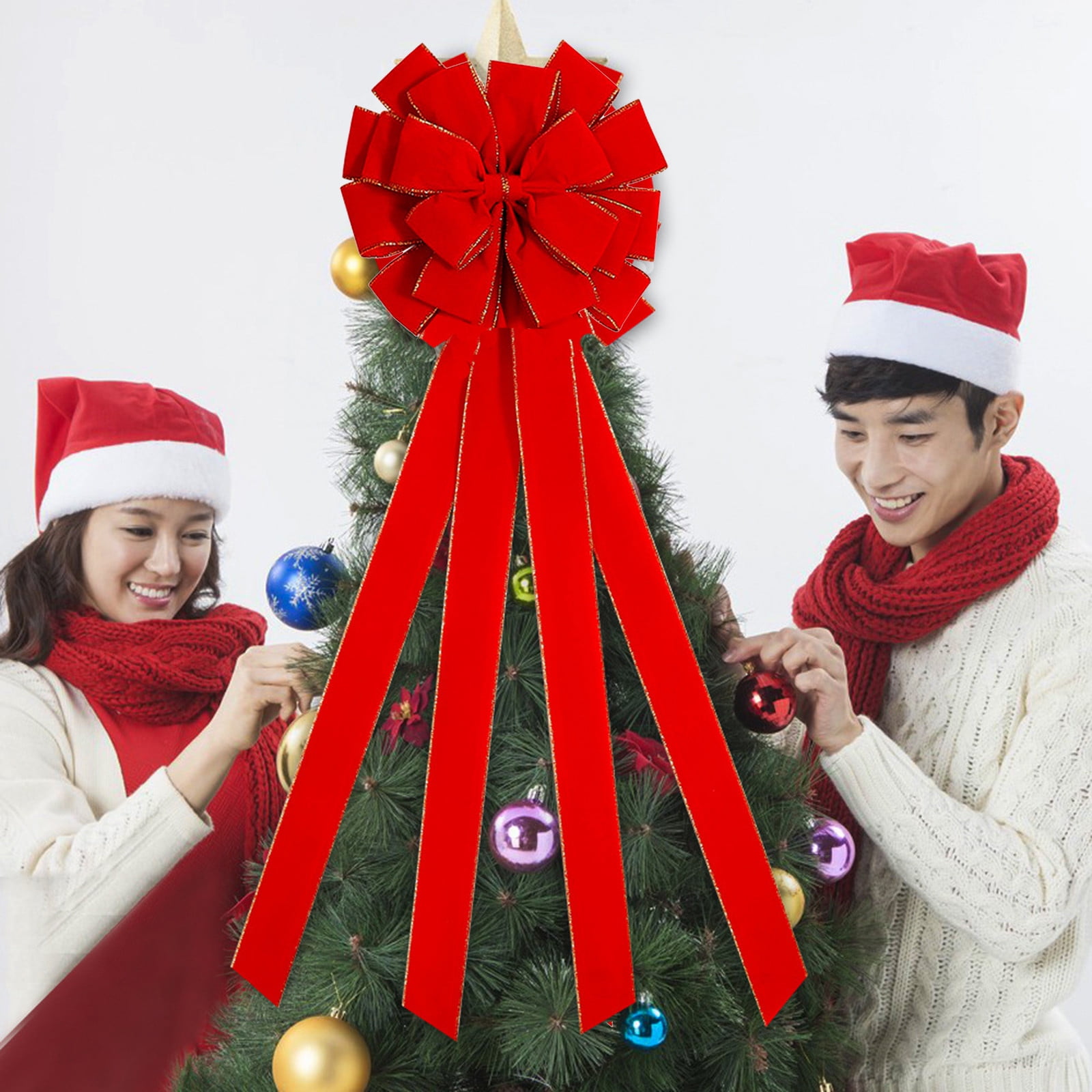 DURUA Large Christmas Bows for Tree, 43.3 x 11.8 in Red Fabric ...