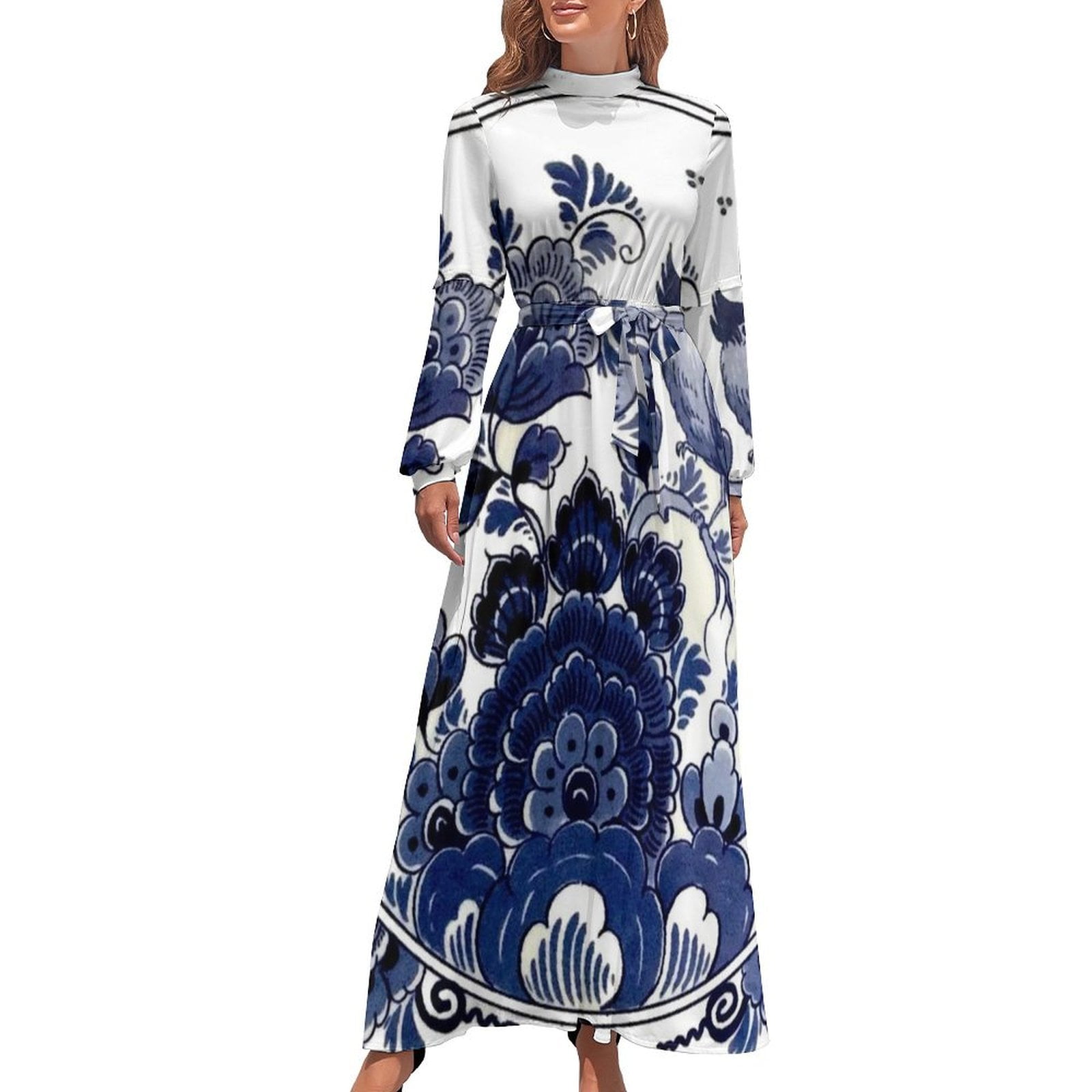 DUTCH BLUE DELFT : Vintage Blue Bird and Flowers Print Long Dress ...