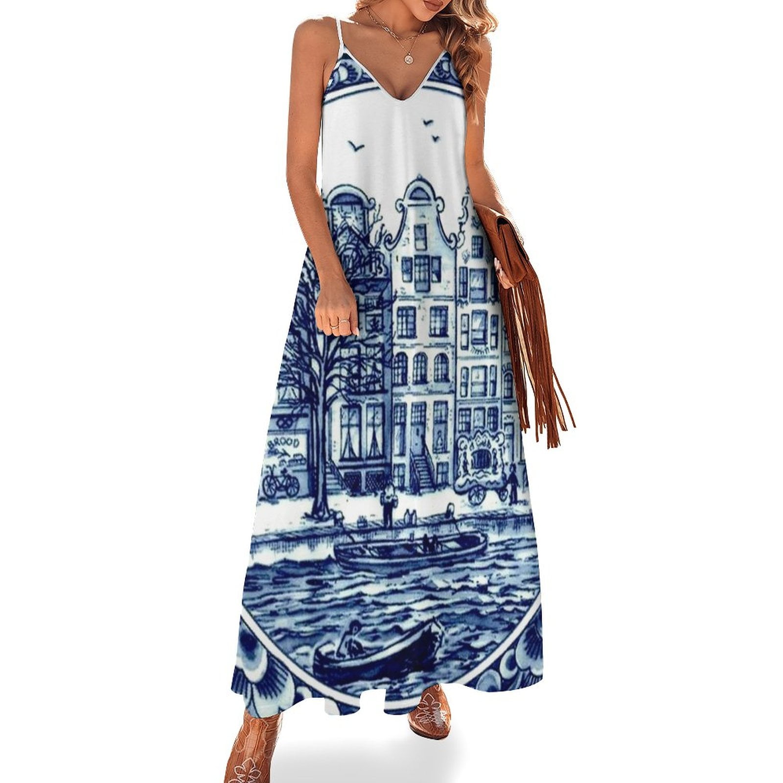 DUTCH BLUE DELFT : Vintage Boats in Canal Amsterdam Print Sleeveless ...