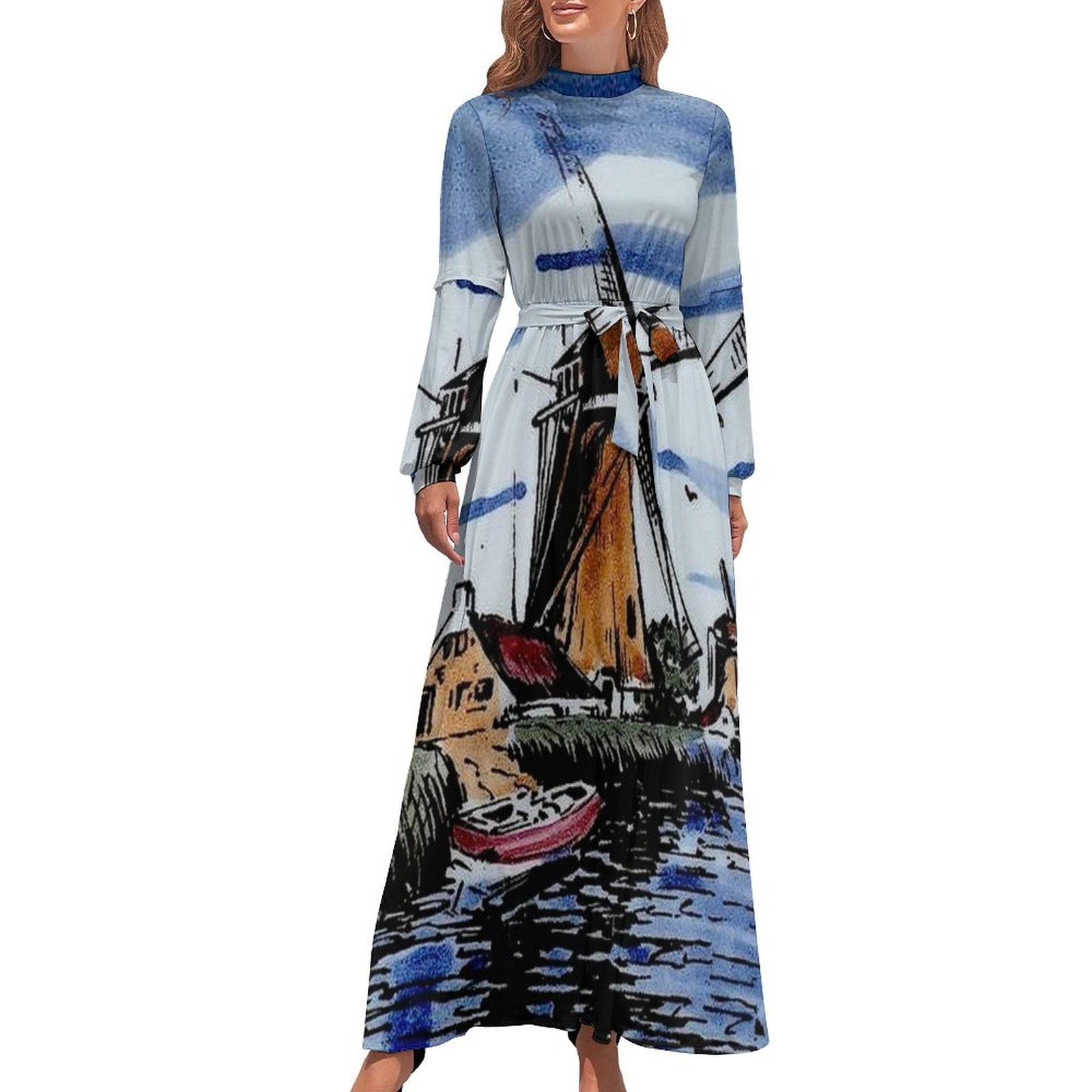 DUTCH BLUE DELFT : Vintage Colorful Windmills and boat on River Print Long Dress loose women's ...