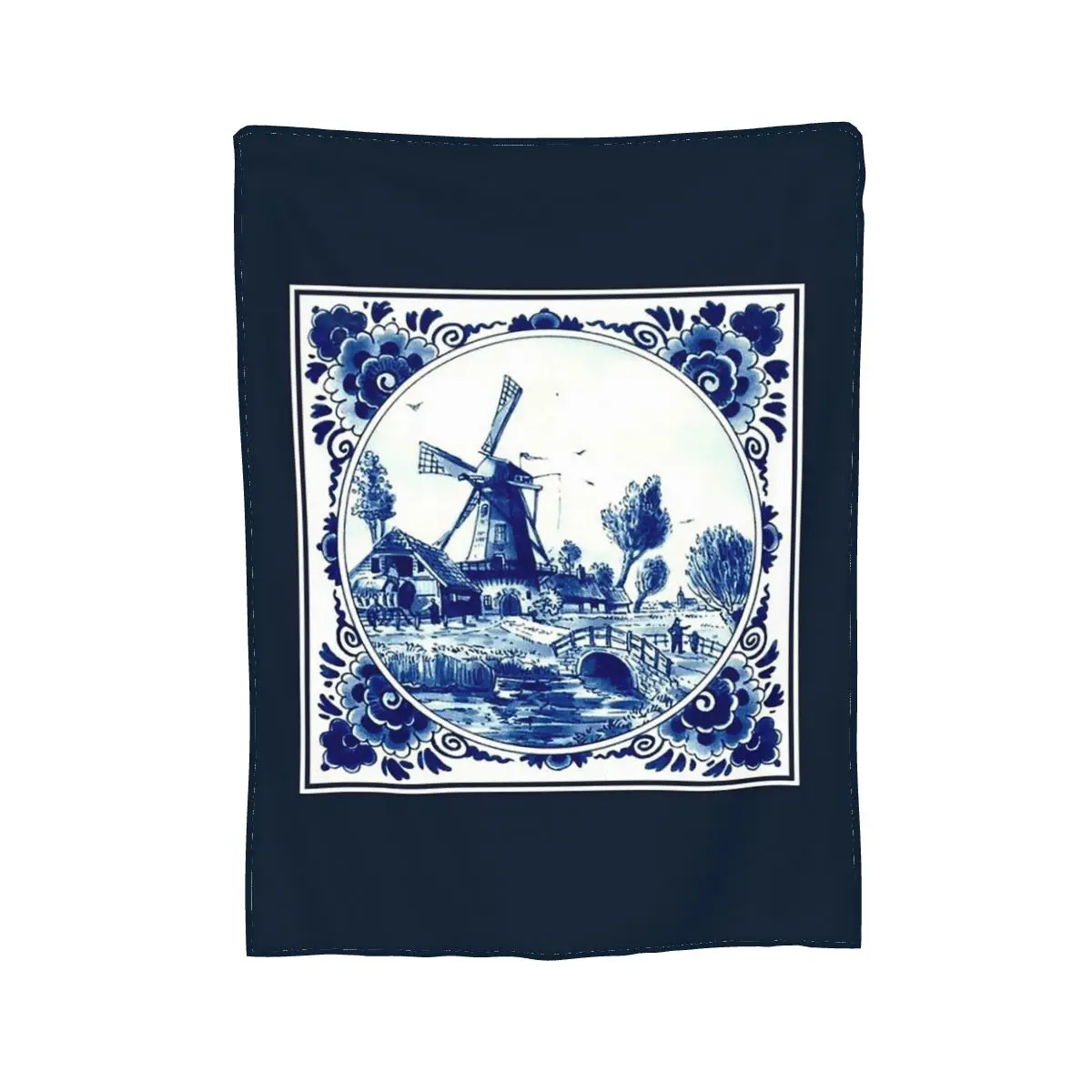DUTCH BLUE DELFT Vintage Windmill And Bridge Print Blanket Soft Warm ...