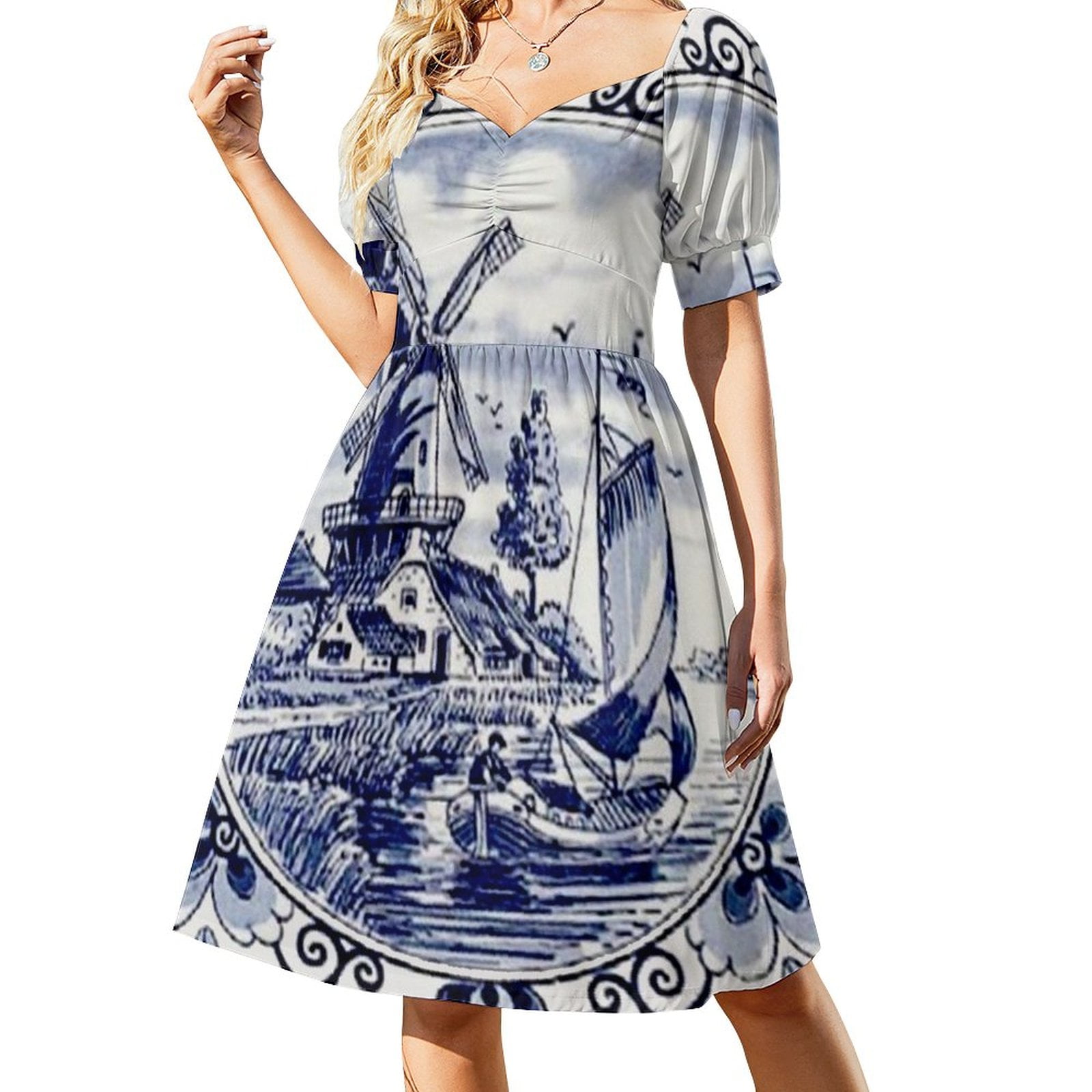 DUTCH BLUE DELFT: Vintage Windmill Print Dress women's dresses luxury ...