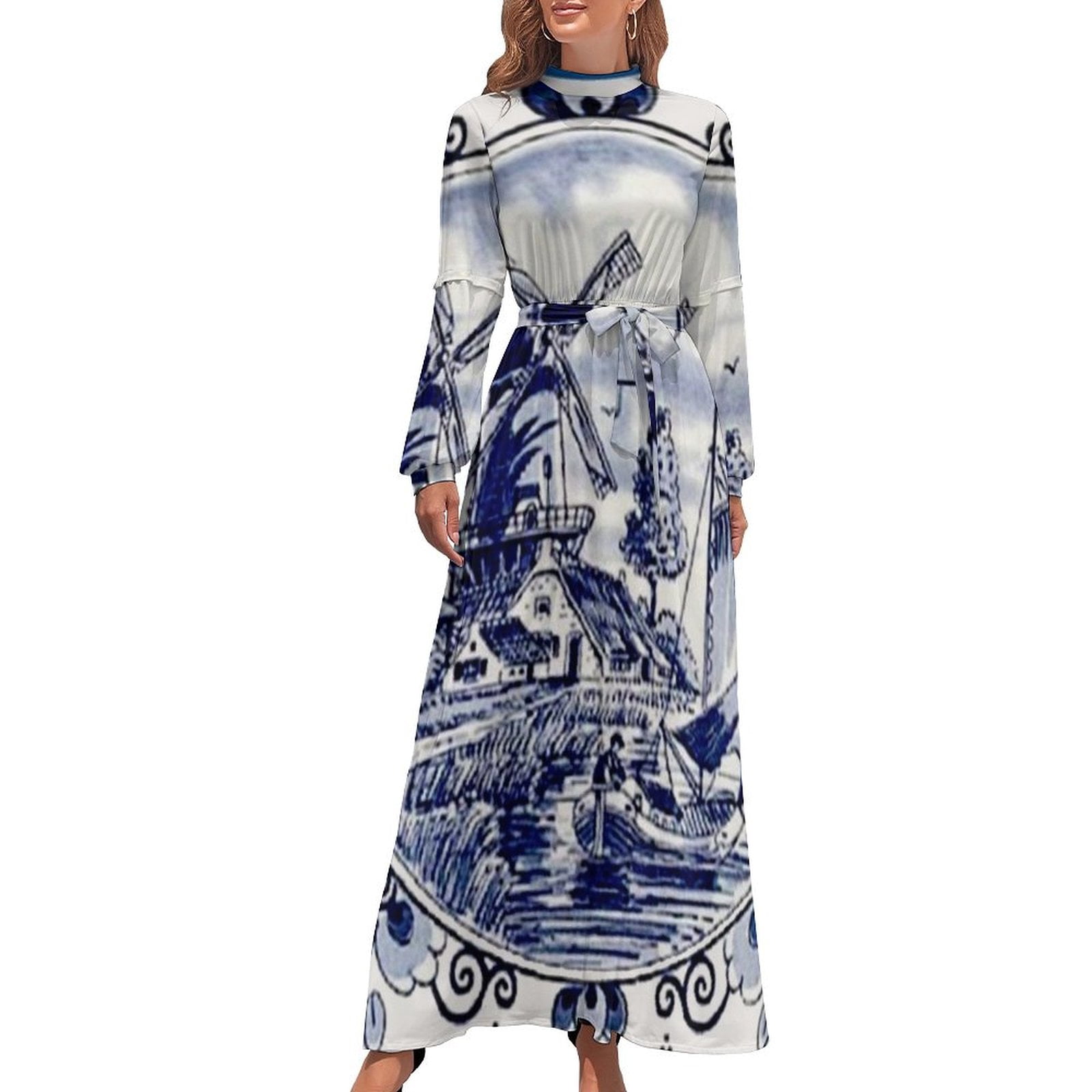 DUTCH BLUE DELFT: Vintage Windmill Print Long Dress clothing women ...