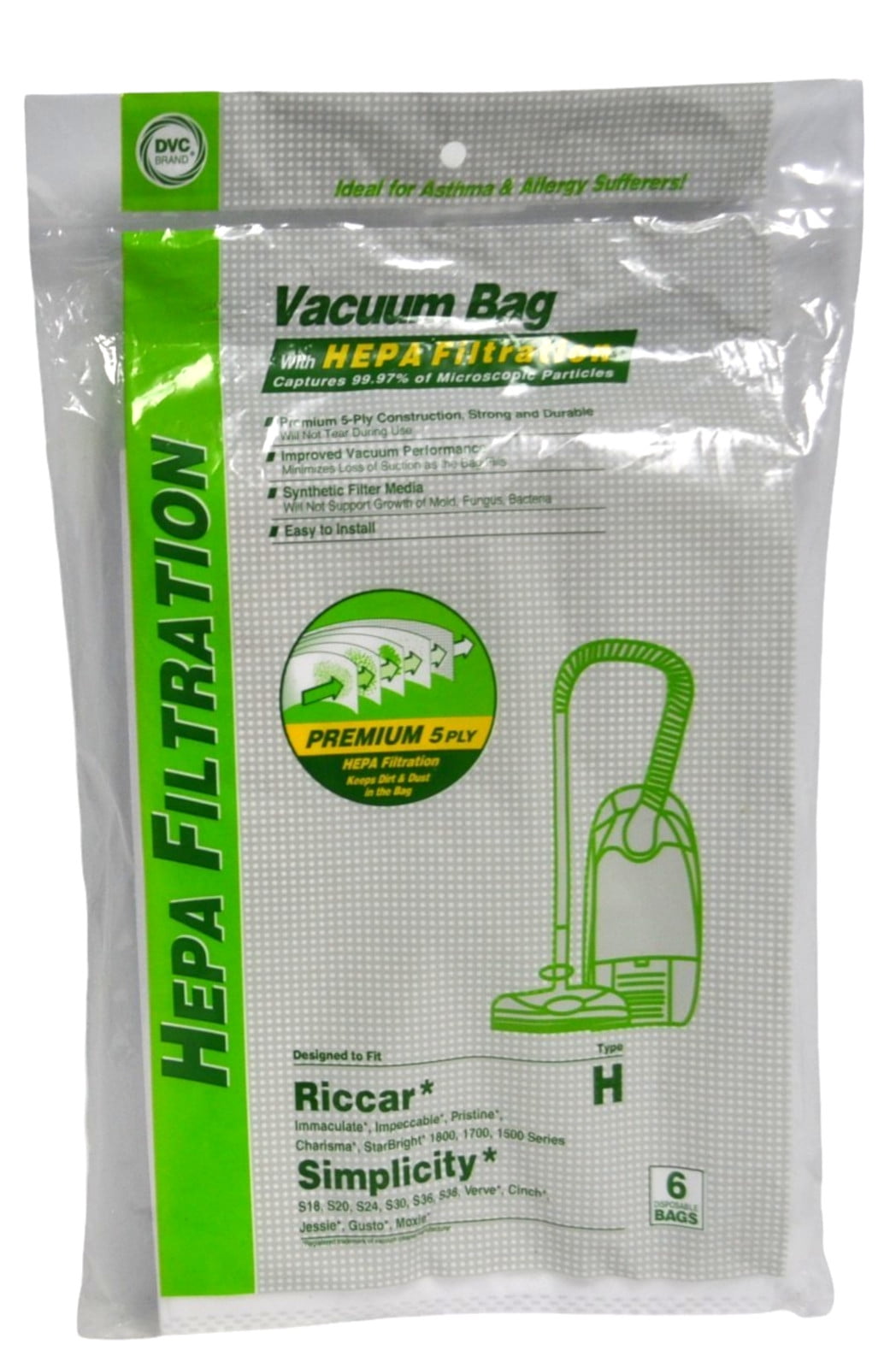 DVC HEPA Vacuum Bags Designed To Fit Type H Riccar and Simplicity ...