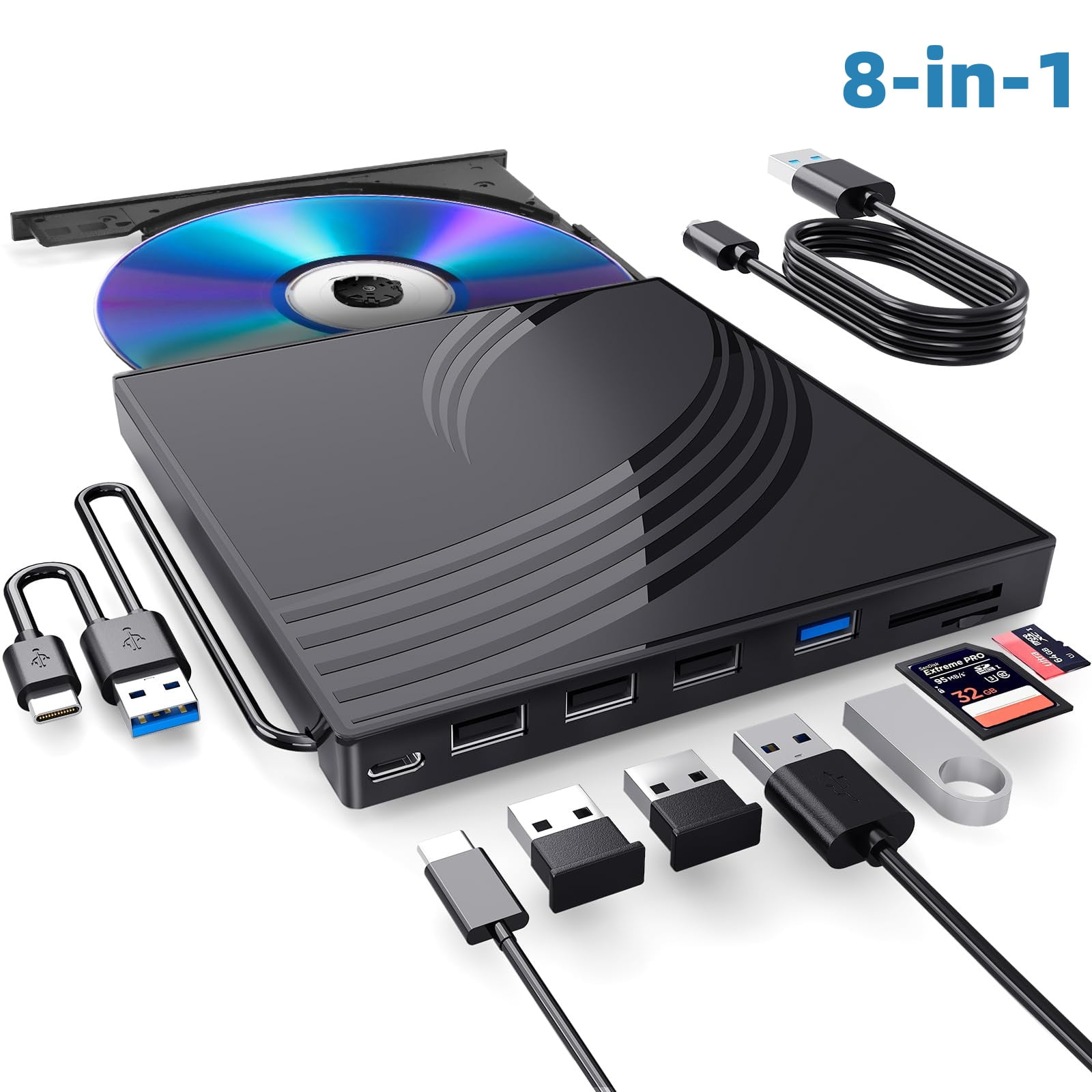 Portable CD/DVD Drive for Laptop, USB 3.0, 4 USB-A Ports, 2 TF/SD Slots ...