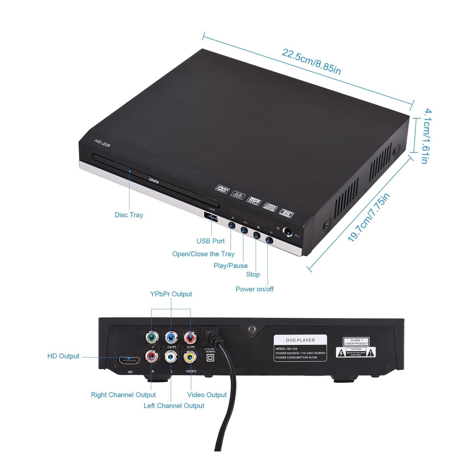 DVD Player with Remote Control DVD CD Disc Player Digital Multimedia ...