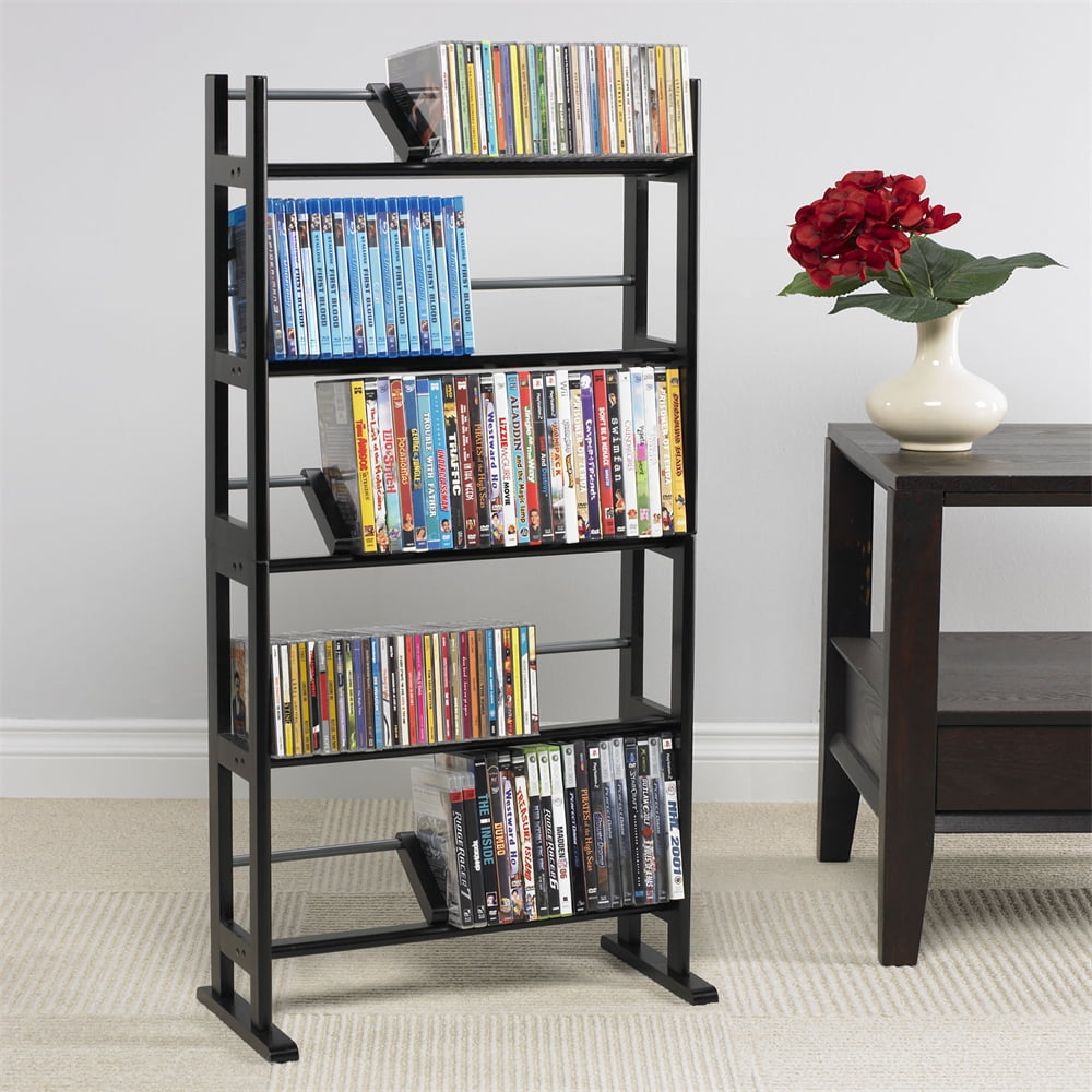 DVD Shelf with Wooden H-Shaped Frame and Metal Rod,Media Cabinet with ...