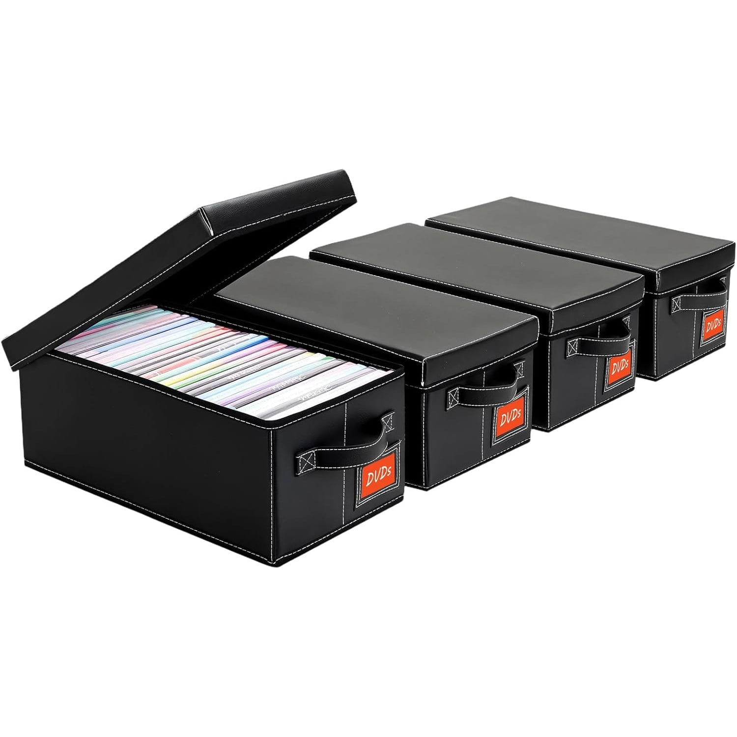 DVD Storage Box – Black Faux Leather DVD Case with Lid – DVD Shelf ...