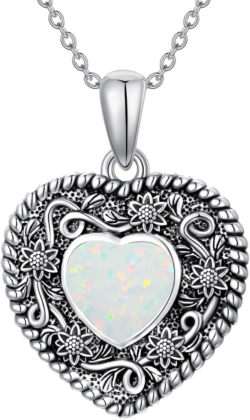 DVEATR 925 Sterling Silver Sunflower White Opal Necklace with Heart ...