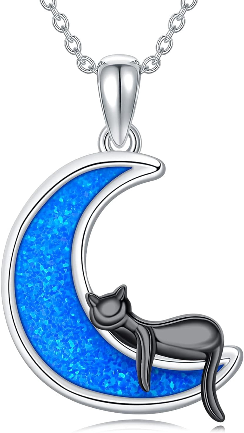 DVEATR Black Cat Moon Necklace with Created Blue Opal Sterling Silver ...