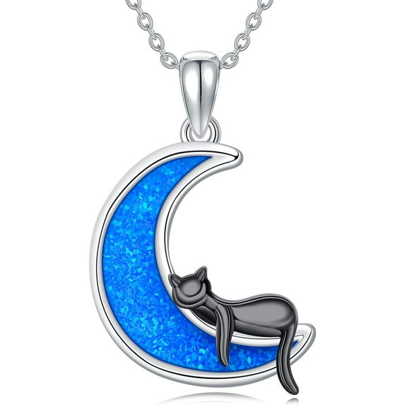 DVEATR Black Cat Moon Necklace with Created Blue Opal Sterling Silver ...
