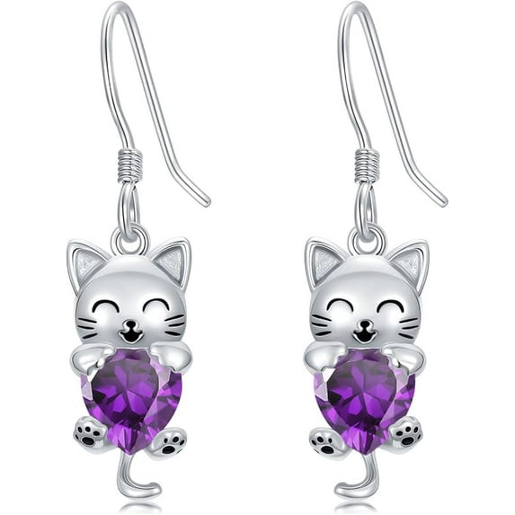 DVEATR Cat Earring with Synthetic Birthstone Cat Dangle Earrings Gift ...