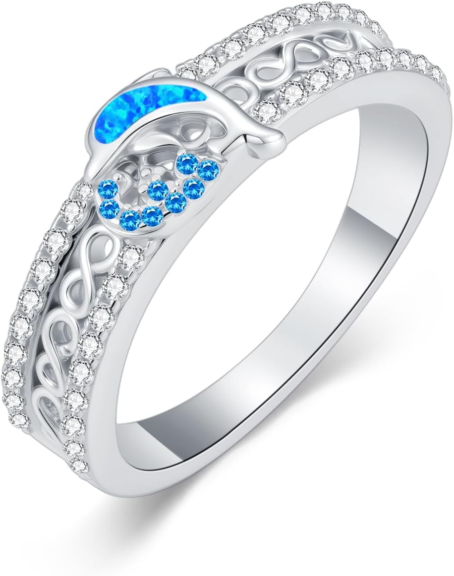 DVEATR Dolphins Ring 925 Sterling Silver Infinity Blue Opal Sea Animal ...