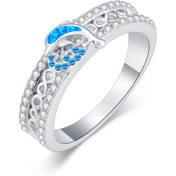 DVEATR Dolphins Ring 925 Sterling Silver Infinity Blue Opal Sea Animal ...