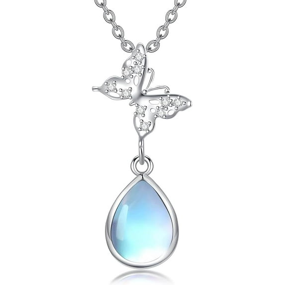 DVEATR Natural Moonstone Butterfly Pendant Necklace for Women 925 ...