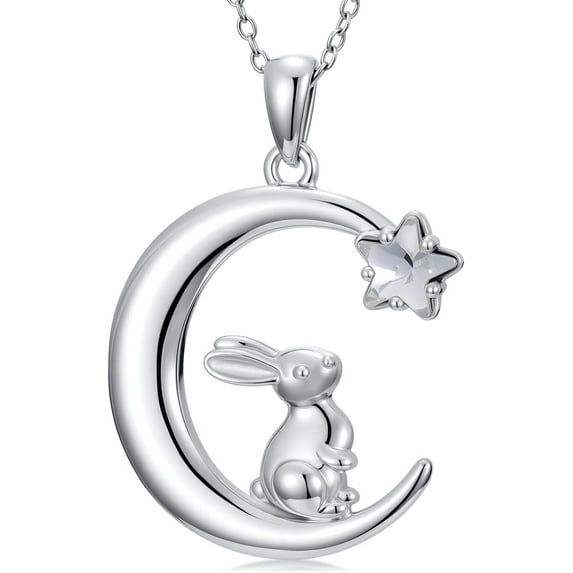 DVEATR Rabbit Necklace Sterling Silver Bunny Necklace Crescent Moon ...