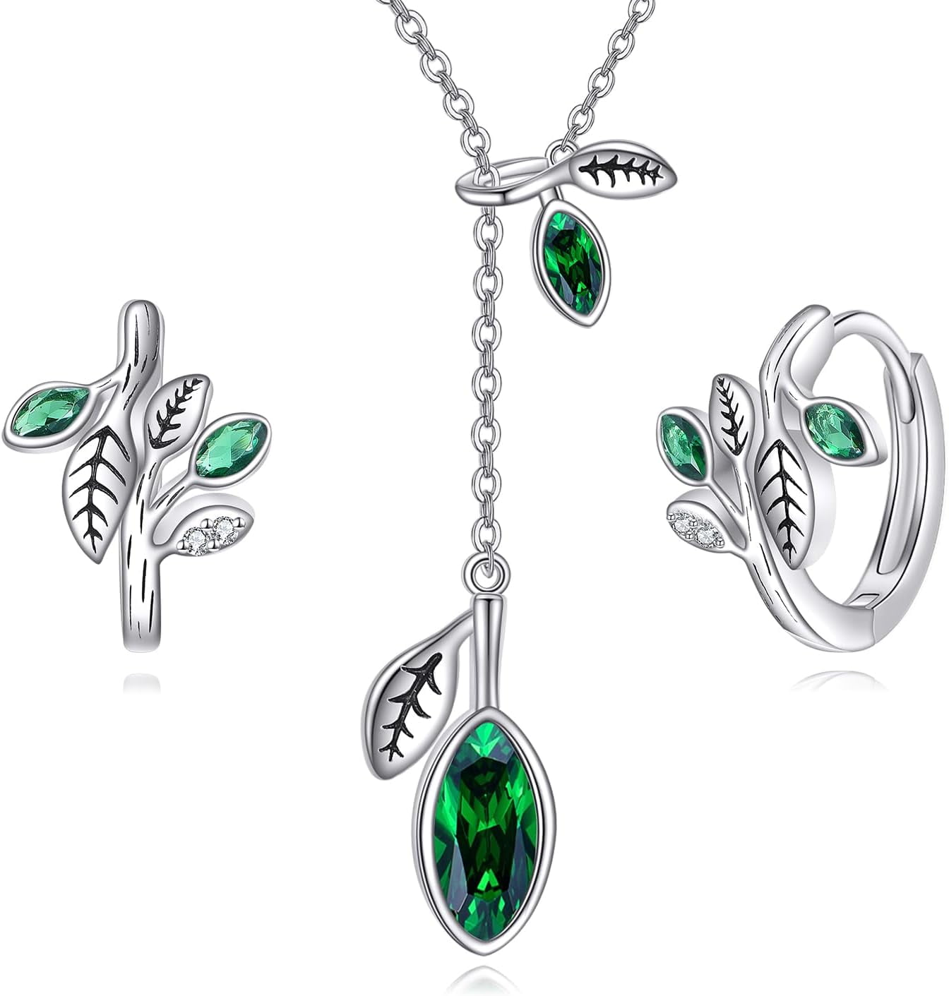 DVEATR Silver Leaf Hoop Earrings Green Leaf Necklace 925 Sterling ...