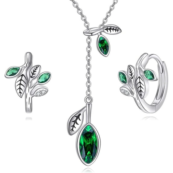 DVEATR Silver Leaf Hoop Earrings Green Leaf Necklace 925 Sterling ...