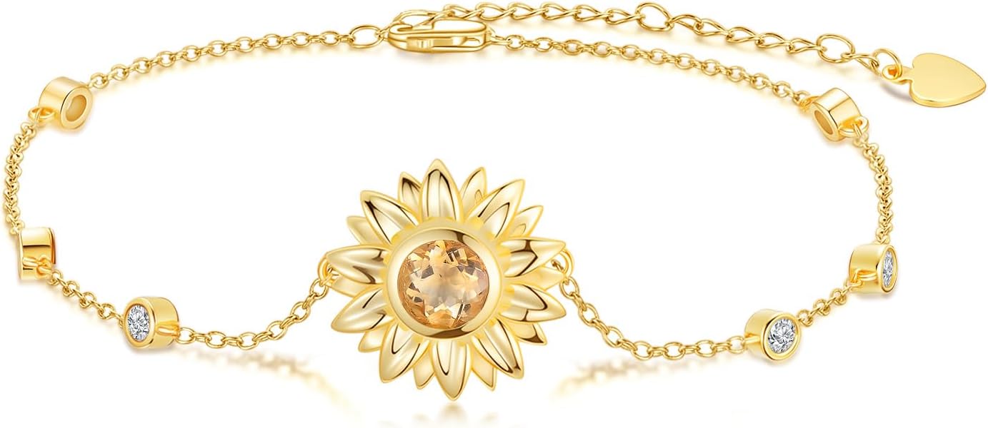 DVEATR Sunflower Bracelet for Women 925 Sterling Silver Natural Citrine ...