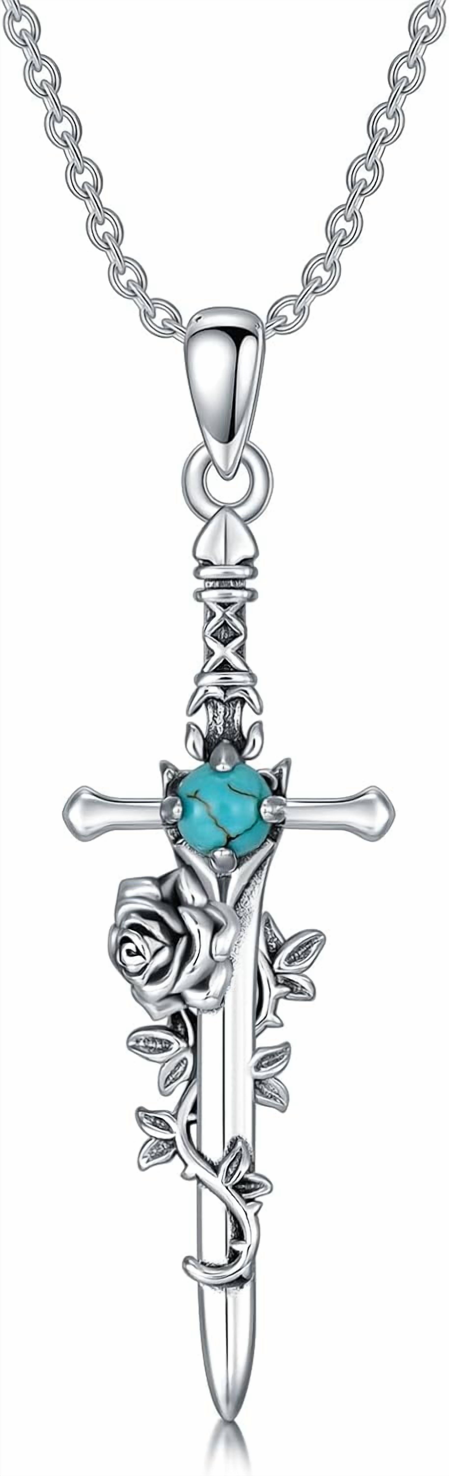 DVEATR Sword Necklace 925 Sterling Silver Real Turquoise Gemstone ...