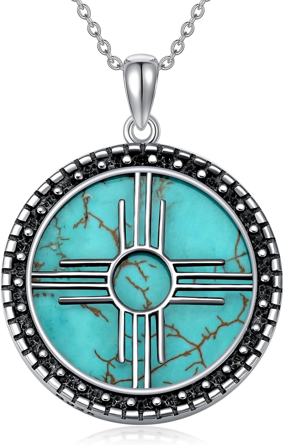 DVEATR Turquoise Zia Sun Symbol Necklace 925 Sterling Silver Real ...