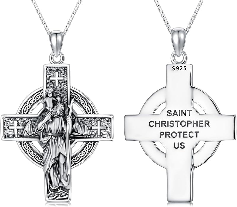DVEATRSt Christopher Cross Necklace 925 Sterling Silver Saint ...