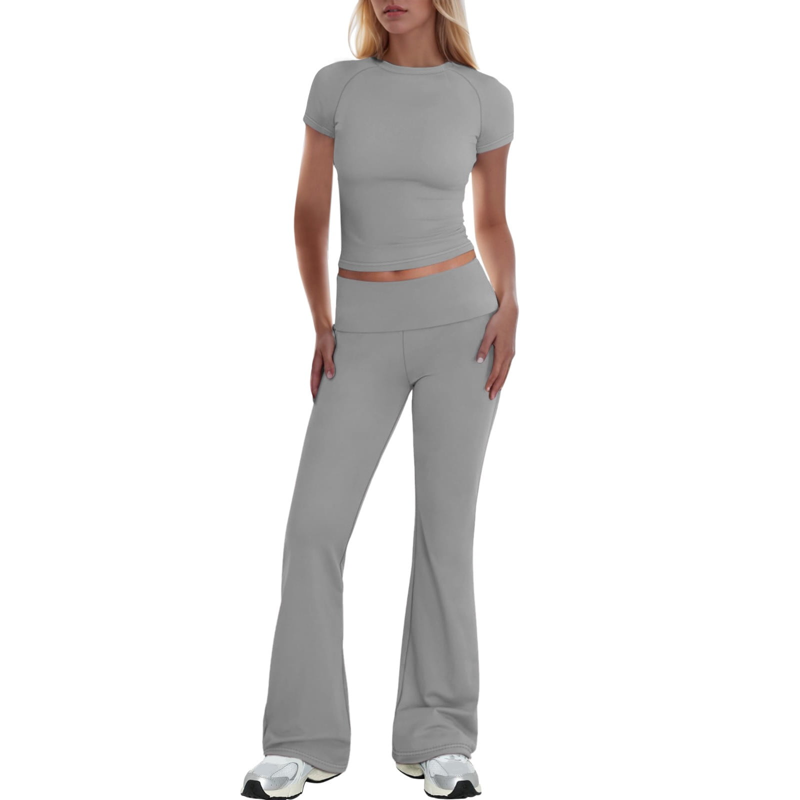 DVKOVI 2 Piece Set Womens Elegant Solid Color Sport Shirt Tops Wide Leg Pants Flared Leg ...