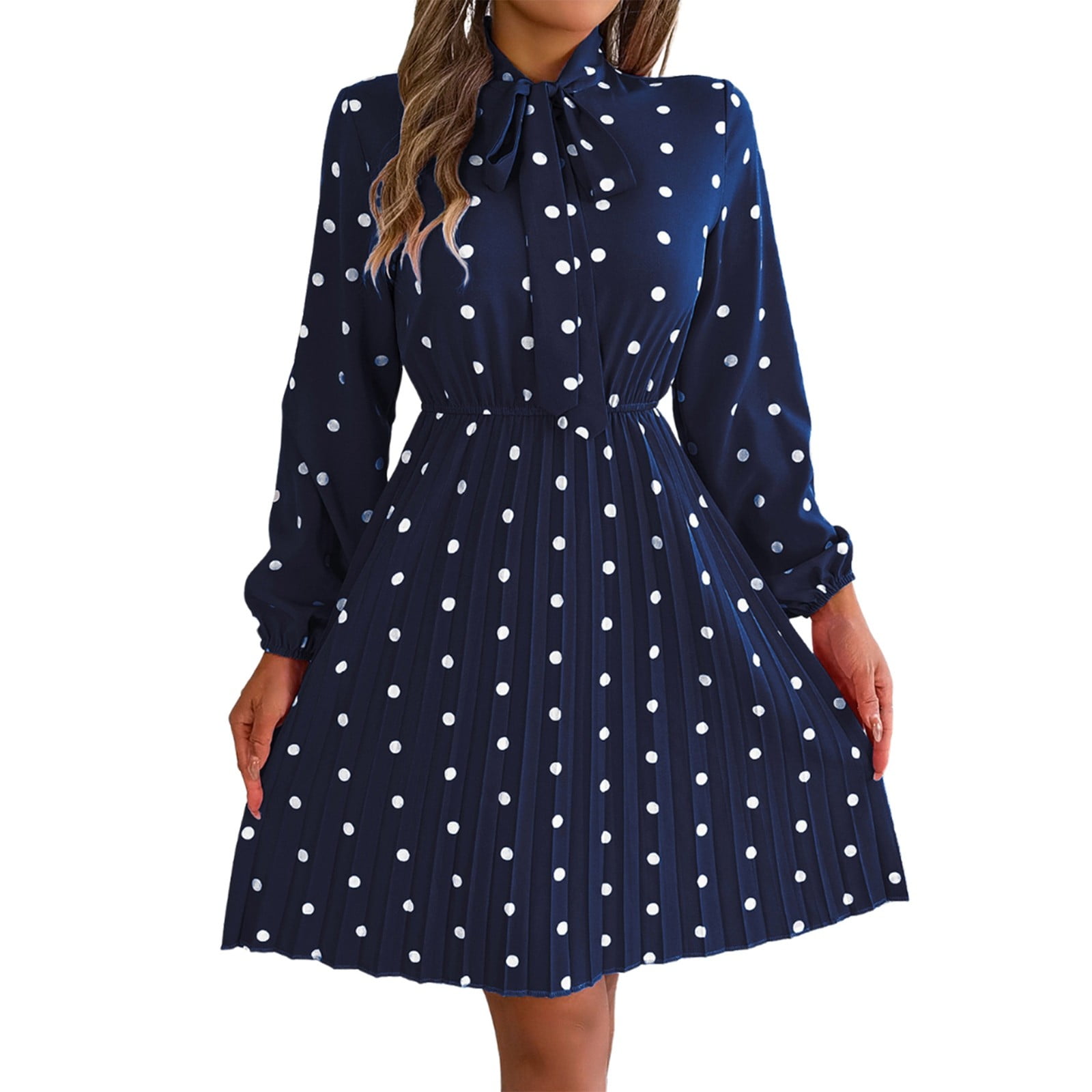 DVKOVI 2024 Ladies Spring and Summer Polka Dot Lace Up Elegant Bow Tie Tunic Dress High Waist ...