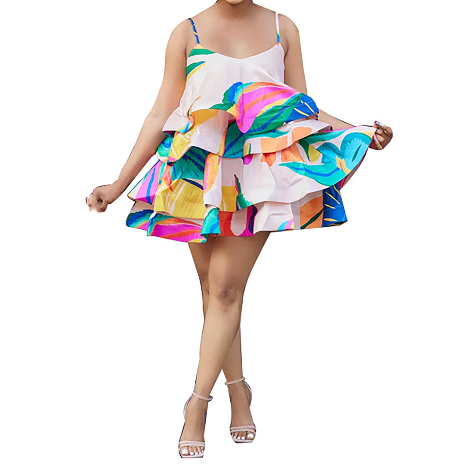 DVKOVI 2024 New Women's Clothing Layered Printing Dress Rainbow Color ...