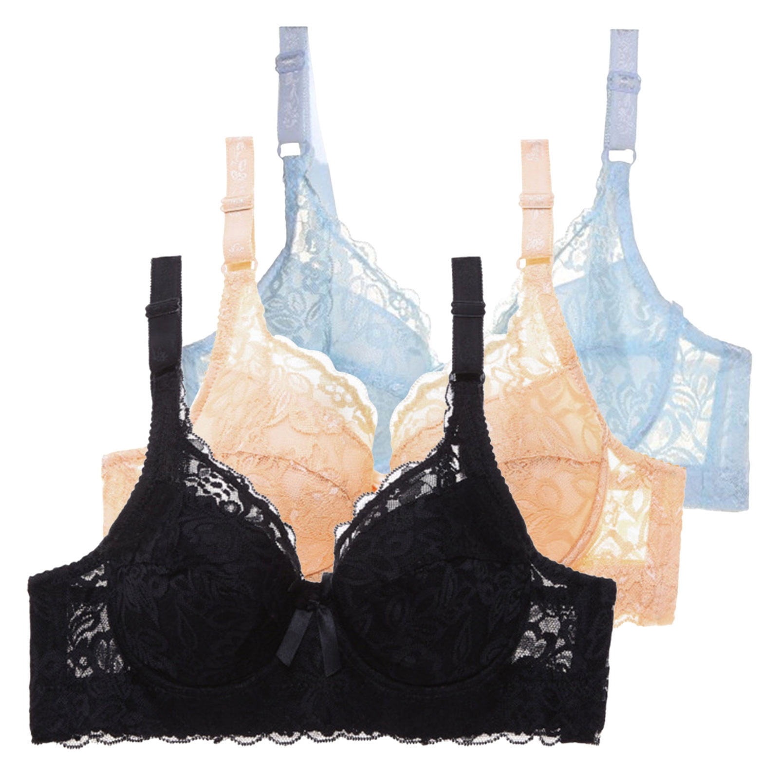 DVKOVI 3 Pack Women's Lace Bras Set with Underwire Push Up Bra Set Sexy Push up Bustier Bra Back ...