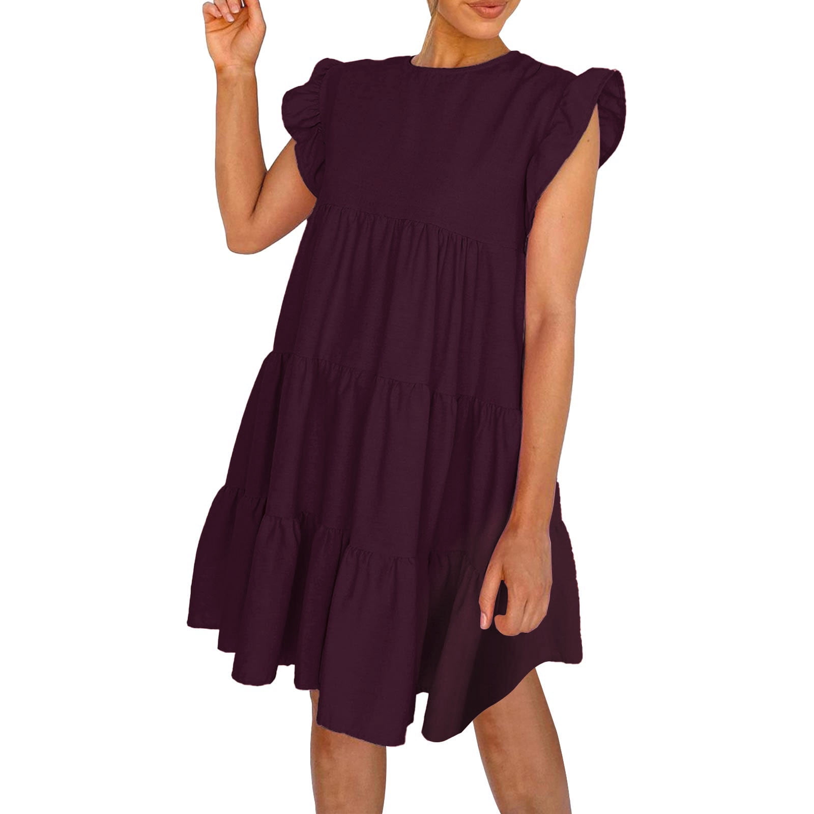 DVKOVI Ladies Ruffled Sleeves Dress Short Sleeve Round Neck Long Skirt ...