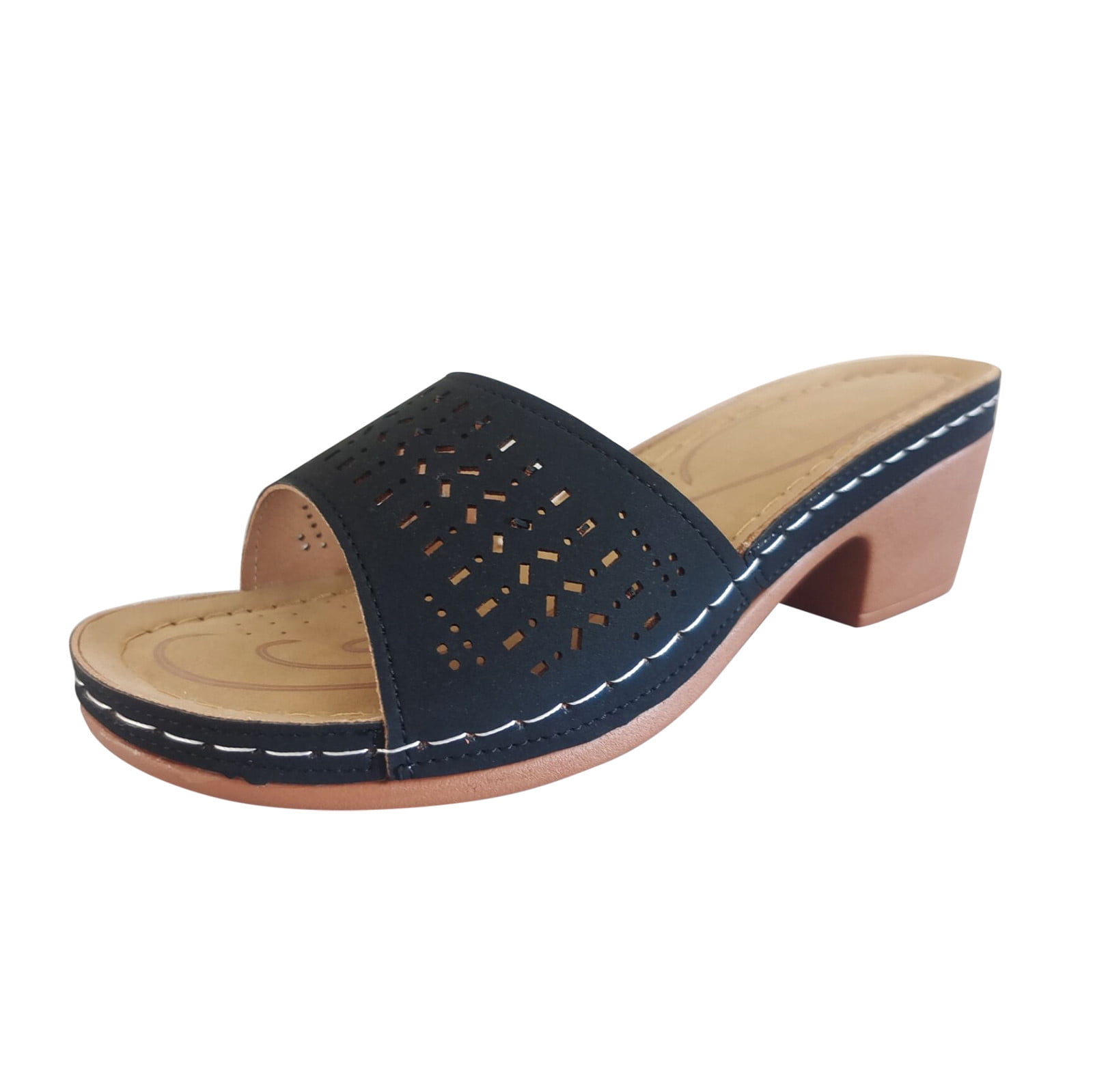 DVKOVI Ladies Summer Vintage Hollowed Out Leather Slipper Block Heel Slide Women's Open Toe ...