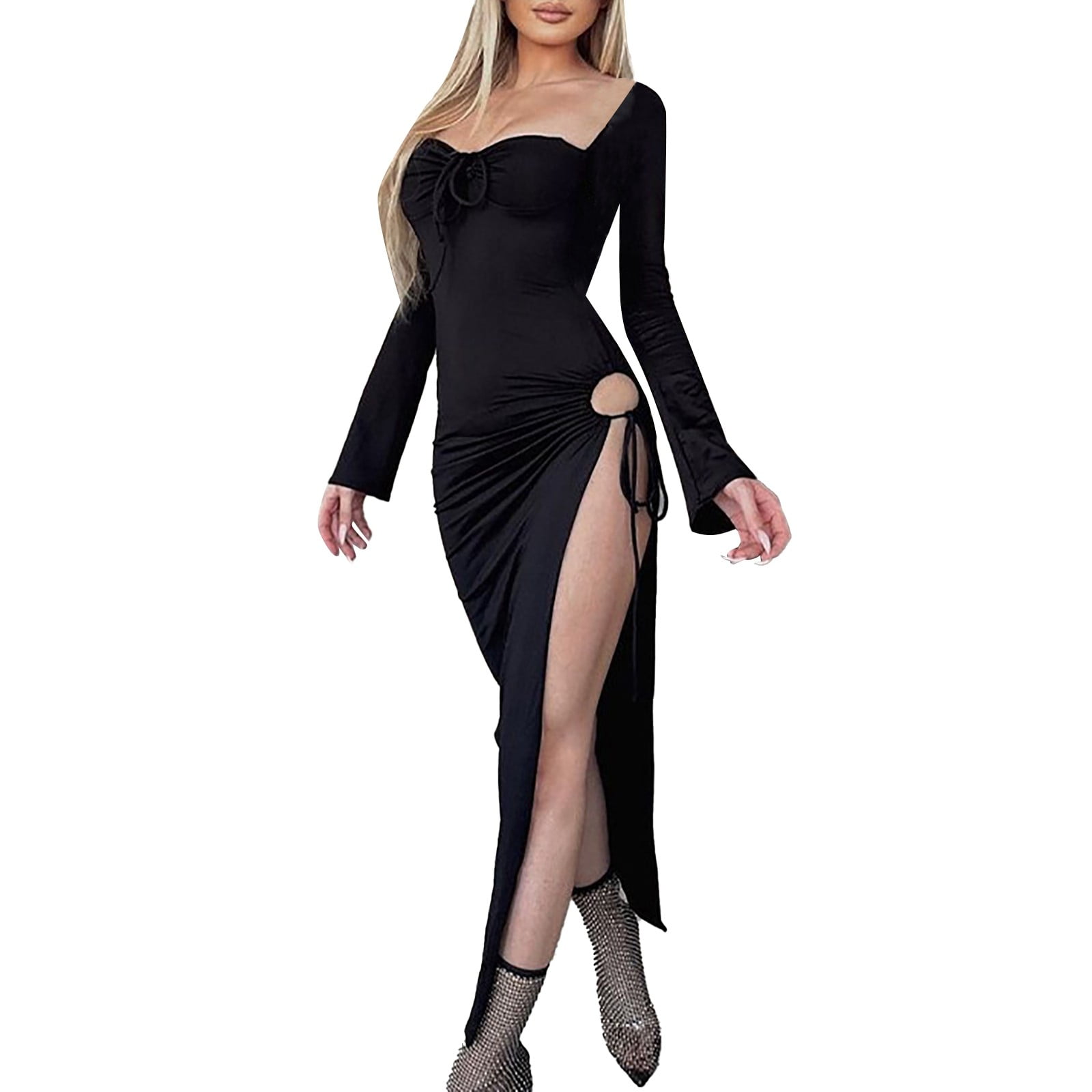Dvkovi Sexy Side Split Long Sleeved Bodycon Dress Backless Party