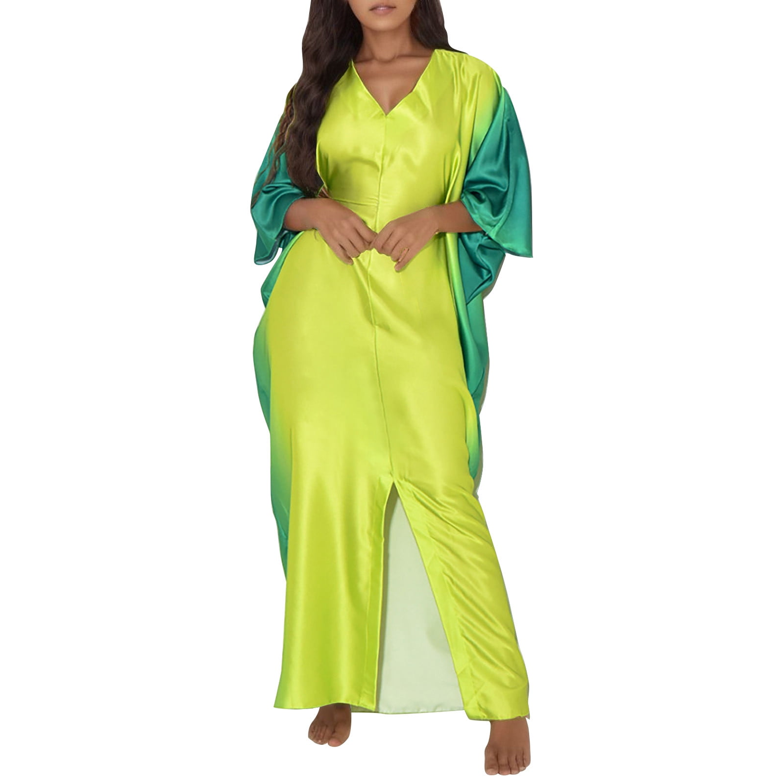 DVKOVI Summer Oversize Dress Gradient Print V Neck 3/4 Sleeve Maxi ...