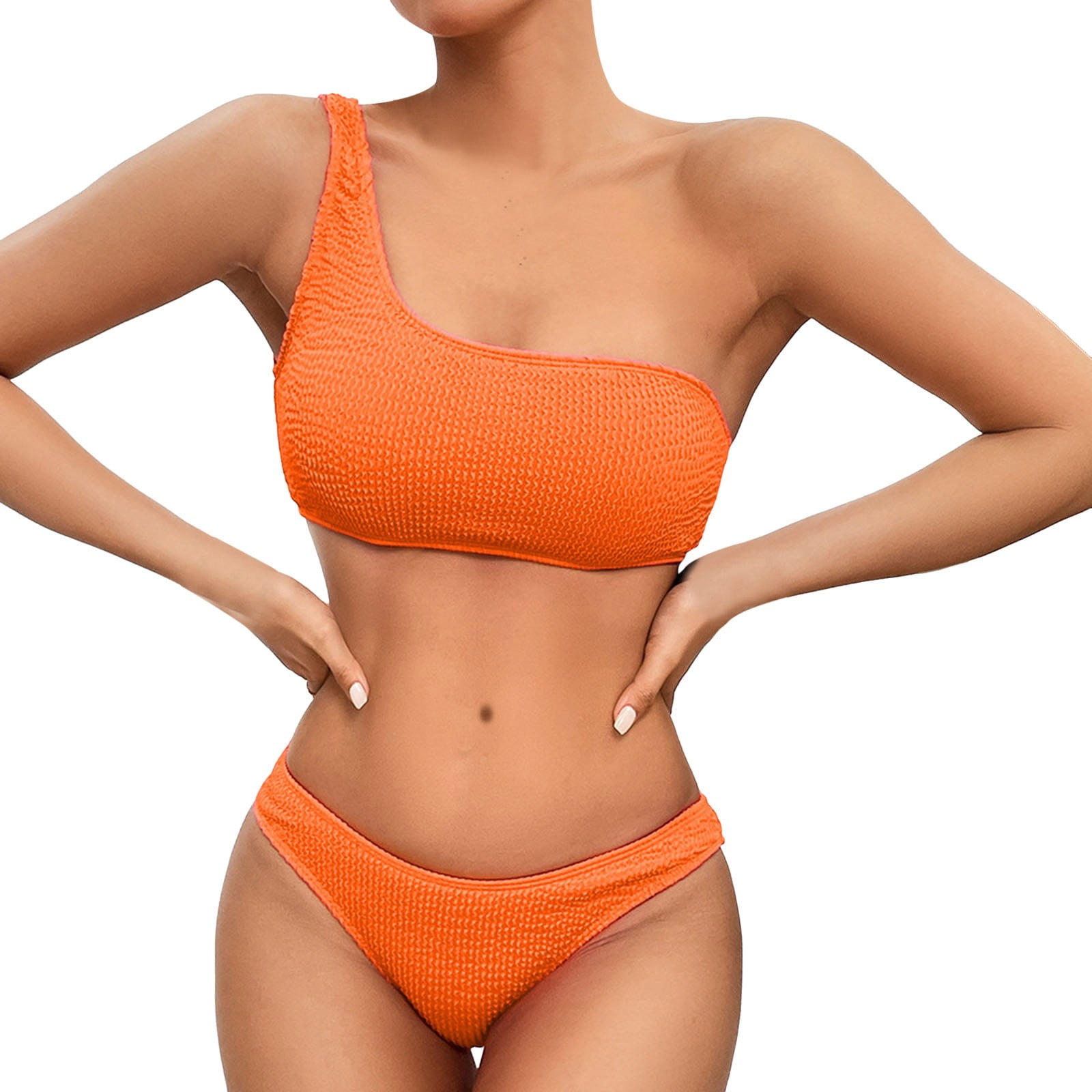 DVKOVI Two Piece Swimsuits Bikini Backless One Shoulder Solid Ribbed Monokini Swimwear Cutout ...