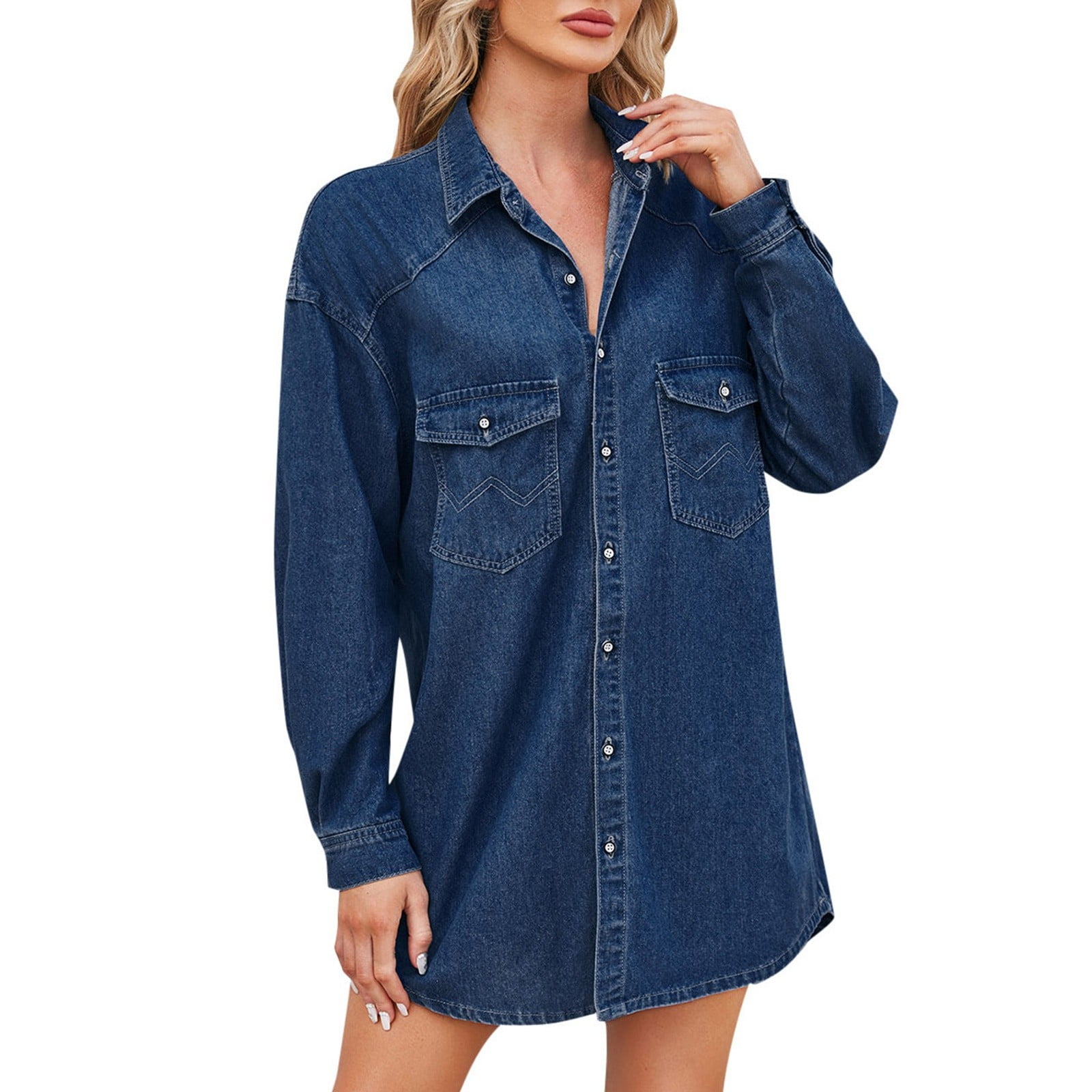 DVKOVI Women Long Sleeve Denim Shirt Retro Washed Distressed Jeans ...