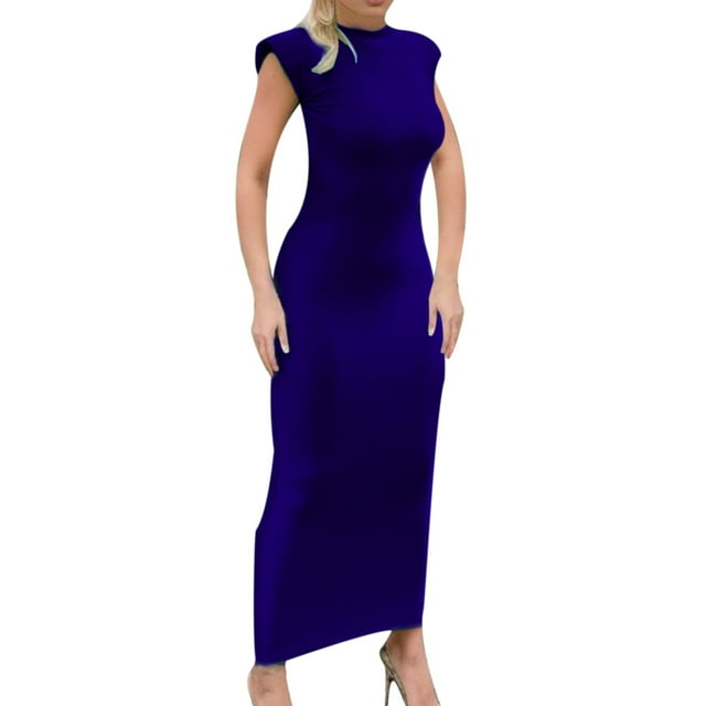 Dvkovi Women Summer Clothes Womens Maxi Dress Women Solid Color Sexy Halter Round Neck