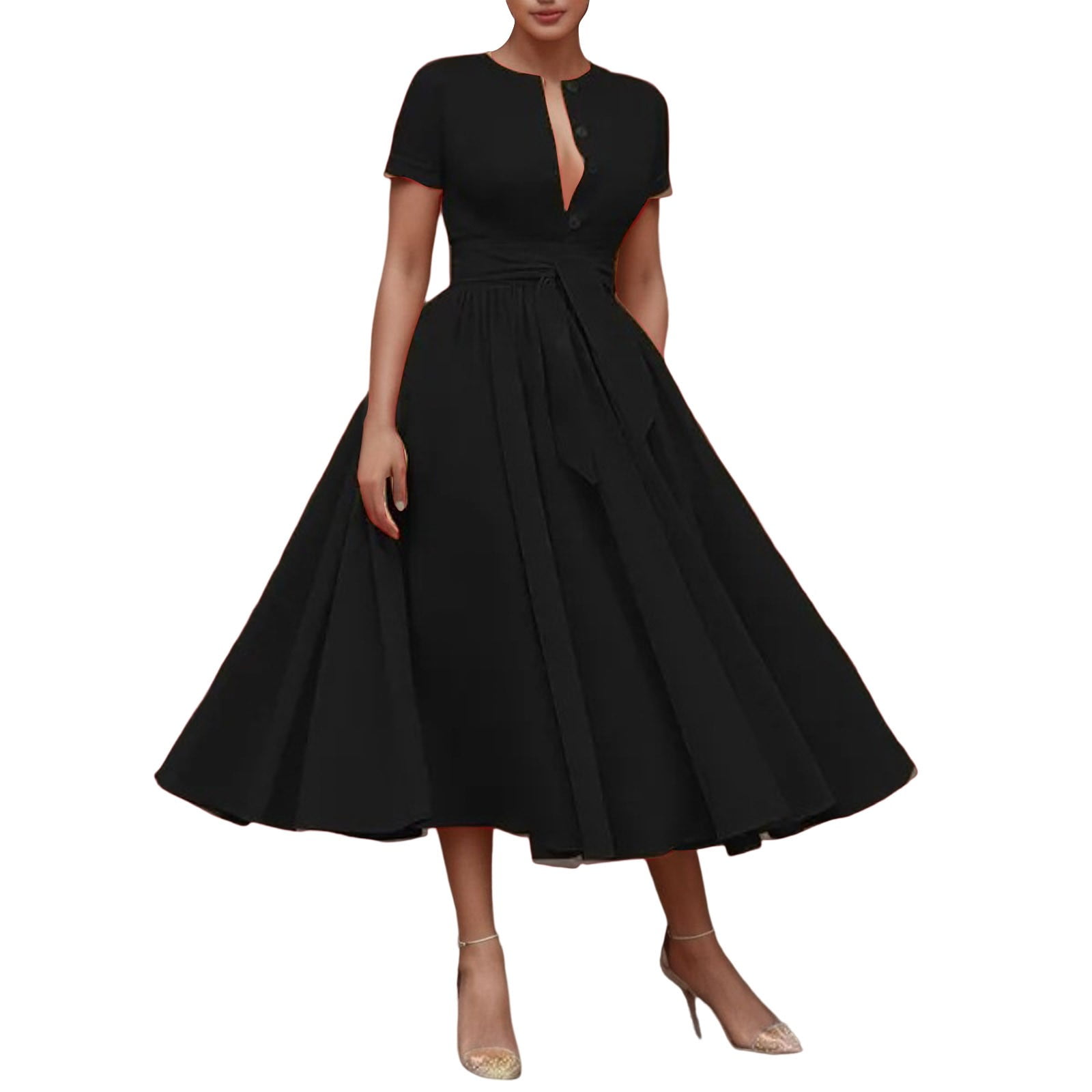 Dvkovi Women Summer Deep V Neck Midi Dress Short Sleeve Loose Casual