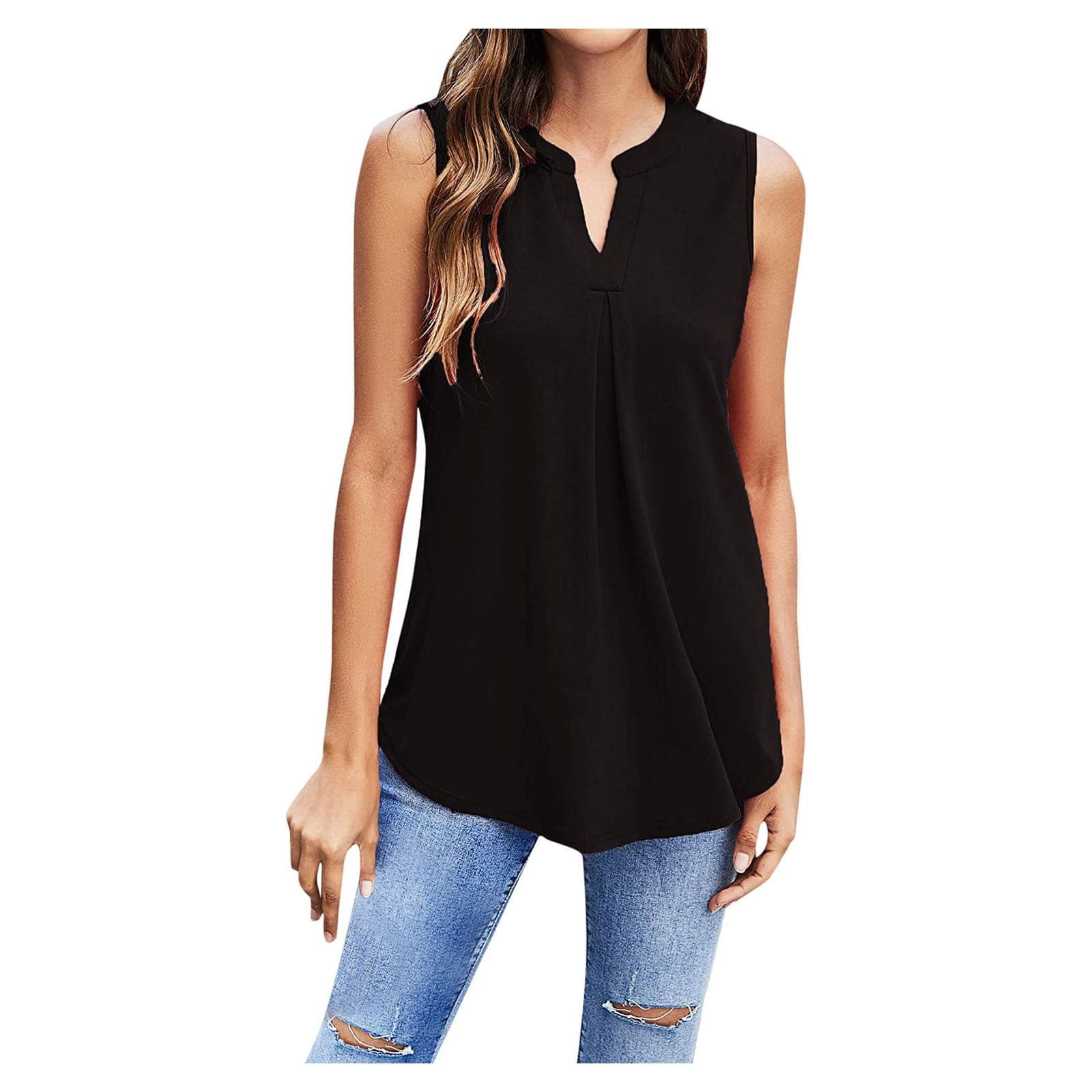 DVKOVI Women Tank Tops Casual Long Slit Neck Sleeveless Vest Top Solid ...