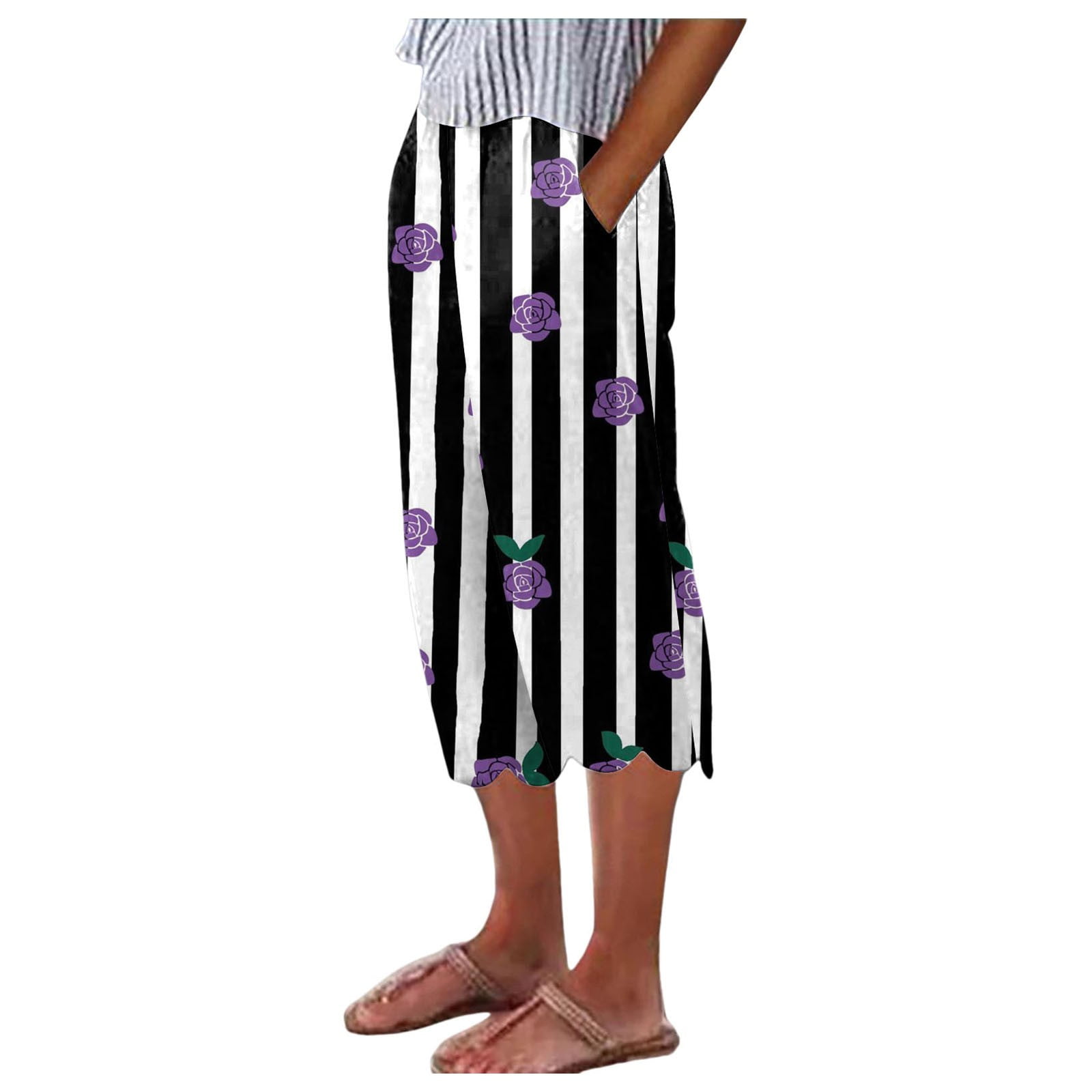 Dvkovi Womens Capri Pants Wide Leg Leggings Striped Print Capris Pants