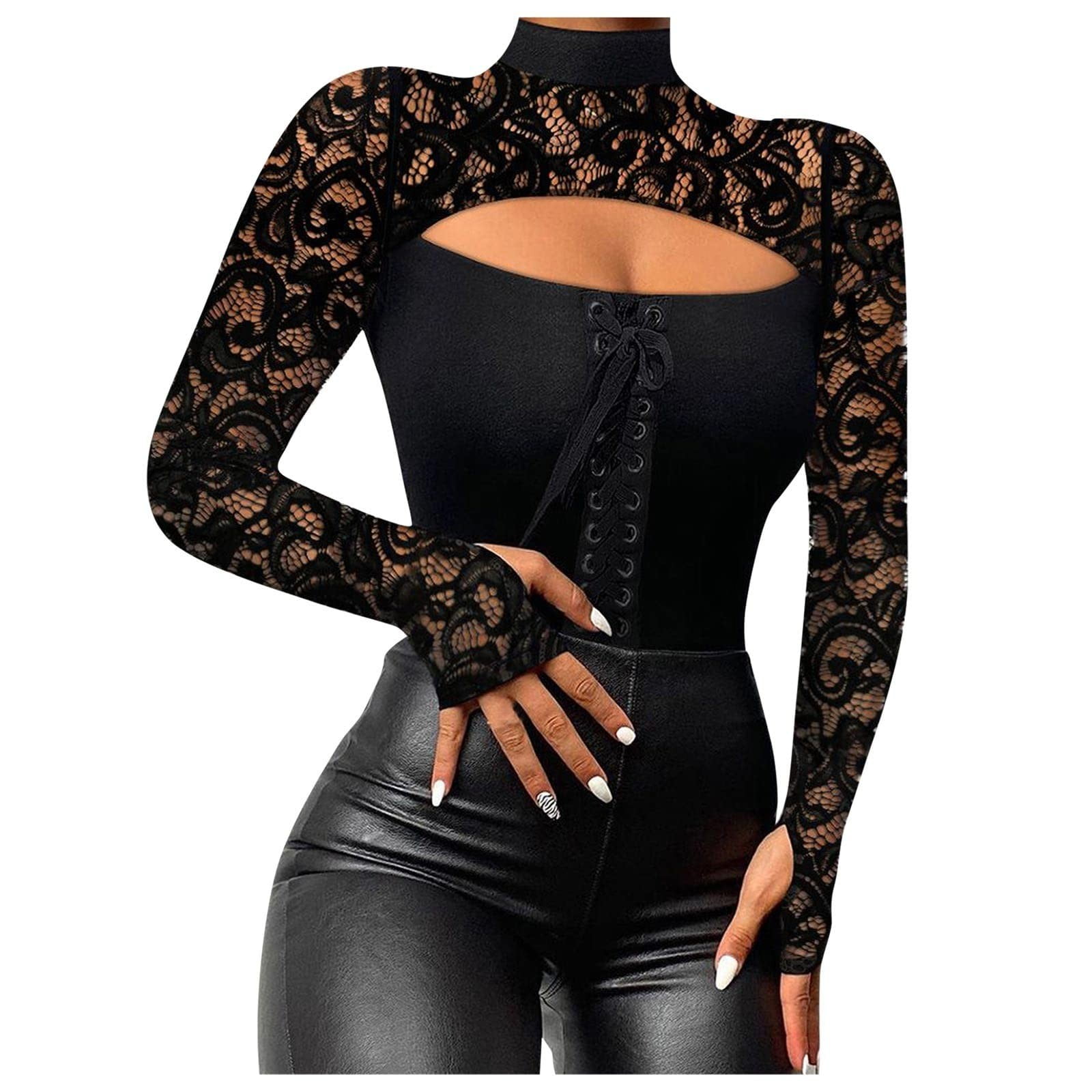 Dvkovi Womens Fashion Casual Solid Color Neck Lace Splicing Cutout