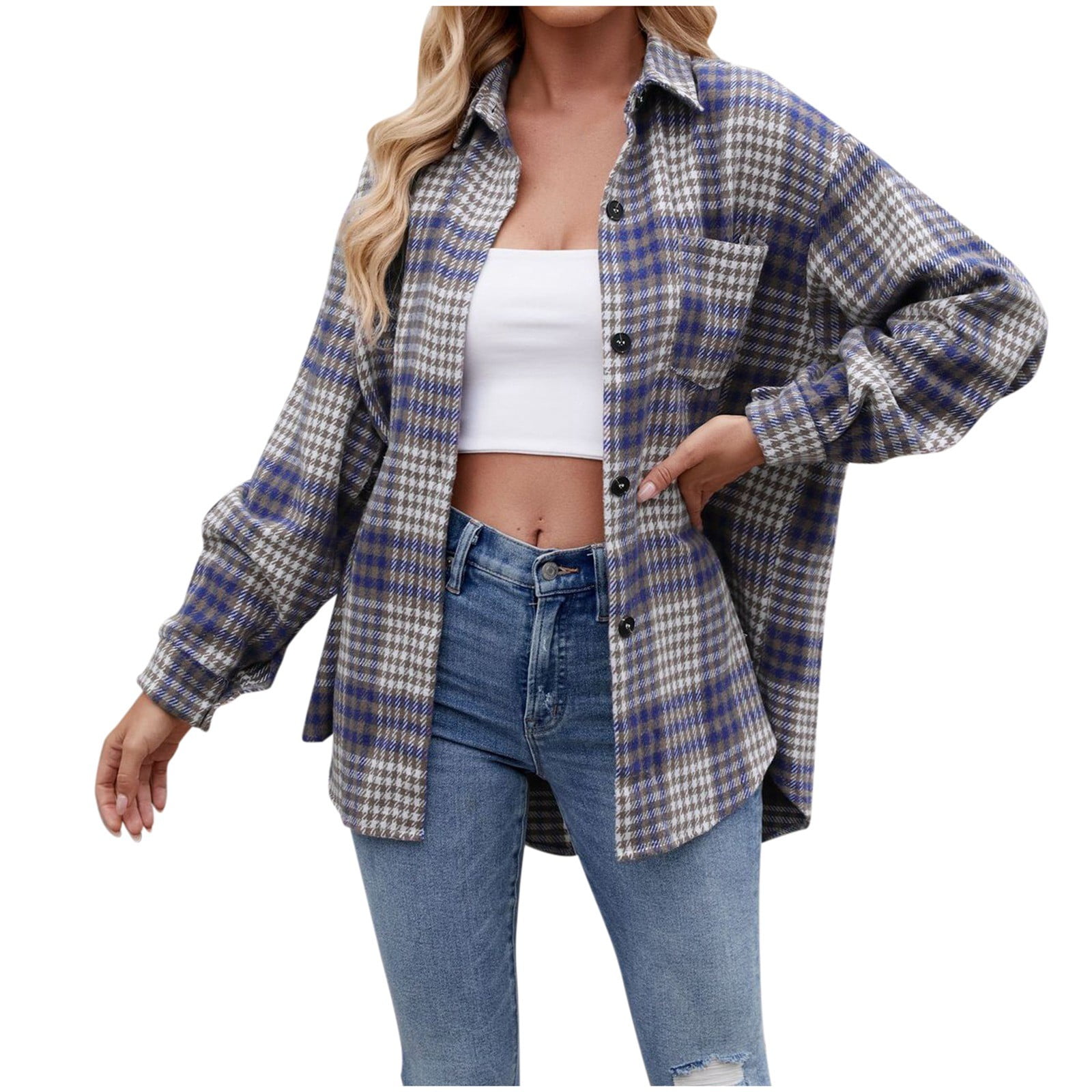 DVKOVI Women's Flannel Plaid Shacket Womens Long Sleeve Blouse Womens ...