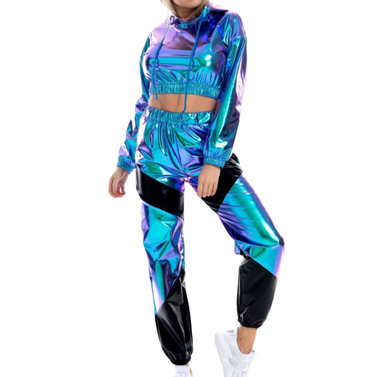 DVKOVI Women's Glossy Shiny Metallic Hooded Long Sleeve Top & Workwear ...