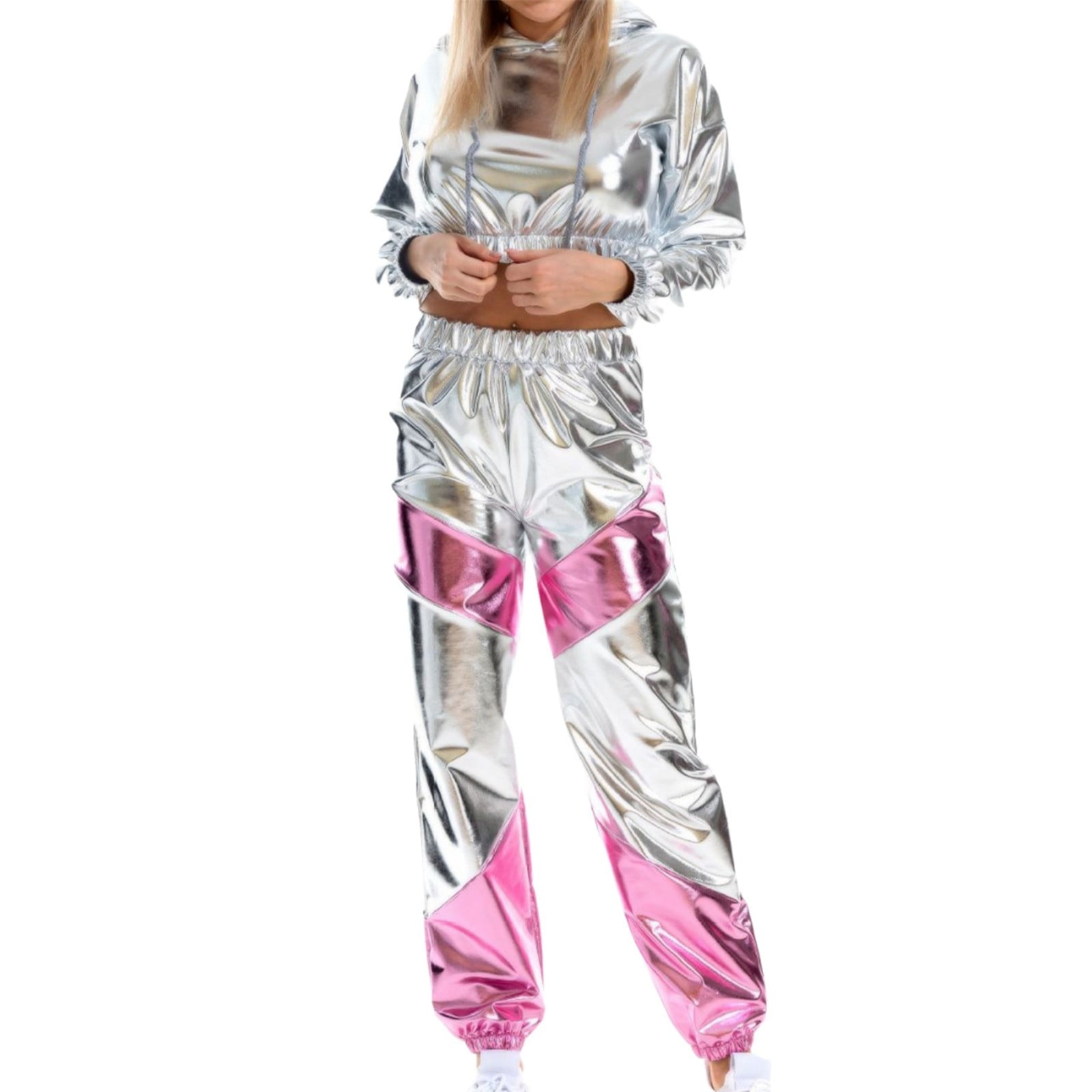 DVKOVI Women's Glossy Shiny Metallic Hooded Long Sleeve Top & Workwear ...