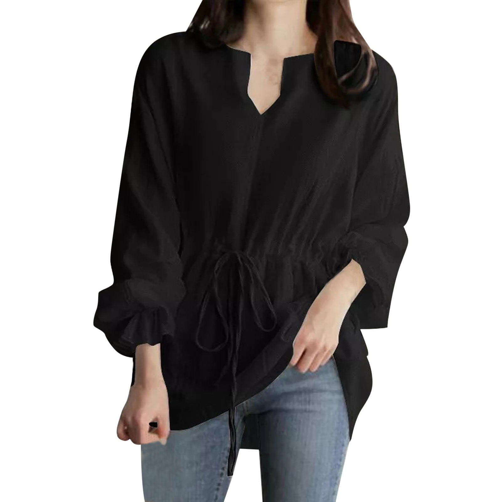 DVKOVI Women's Long Sleeved V Neck Shirt with Drawstring Waistband Top ...