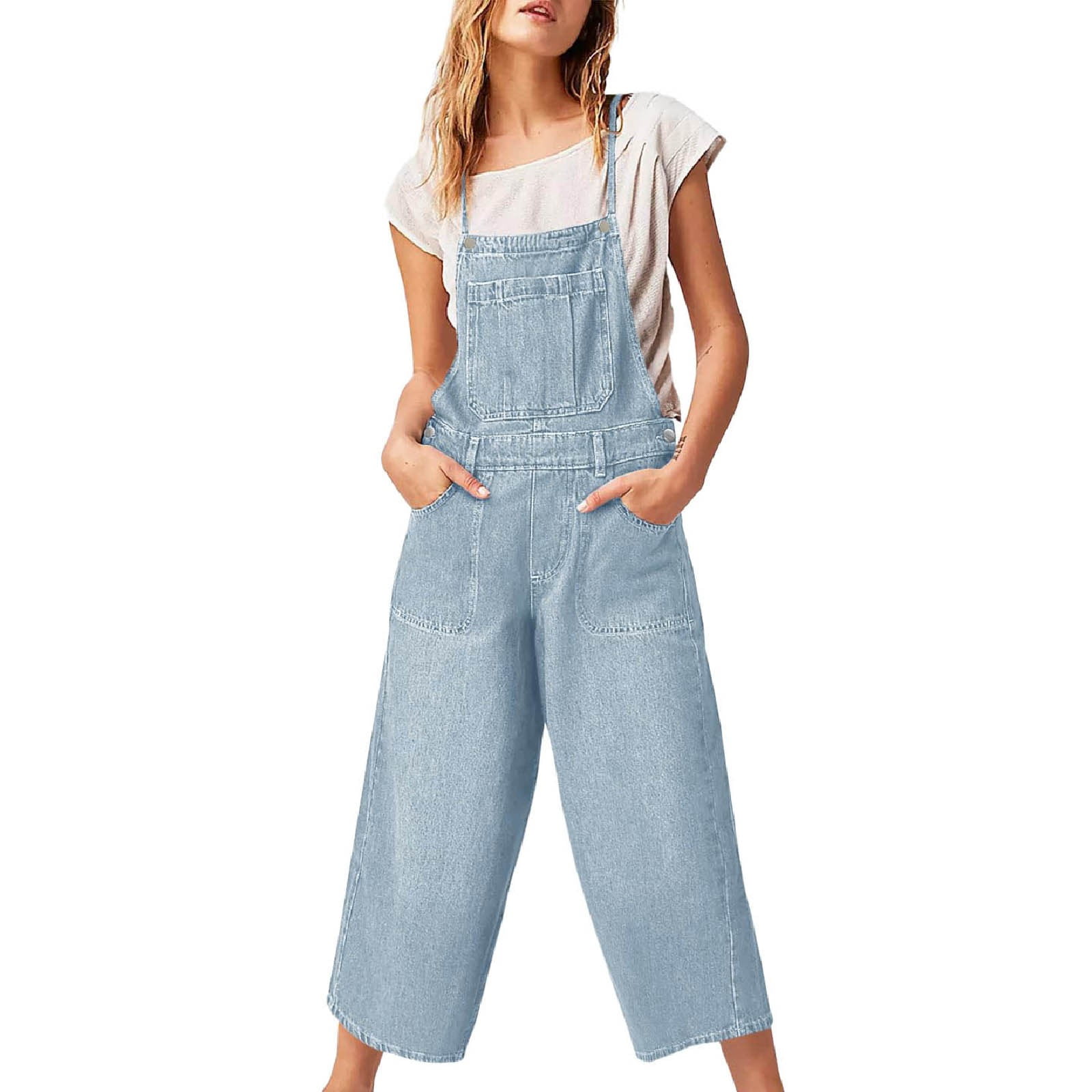 DVKOVI Women's Loose Denim Overalls Loose Adjustable Strap Long Pants ...